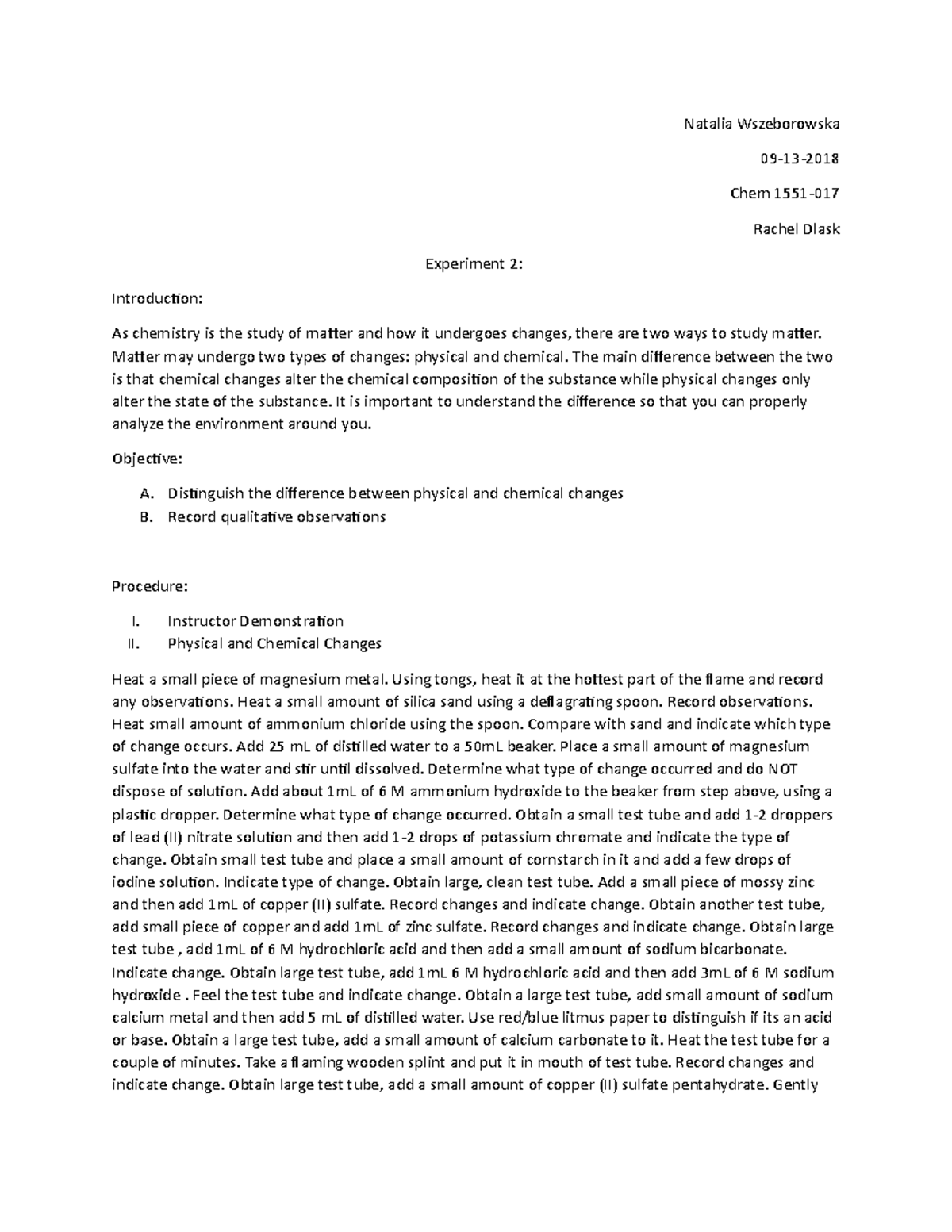 CHEM POST LAB 2 - N/A - Natalia Wszeborowska 09-13- Chem 1551- Rachel ...