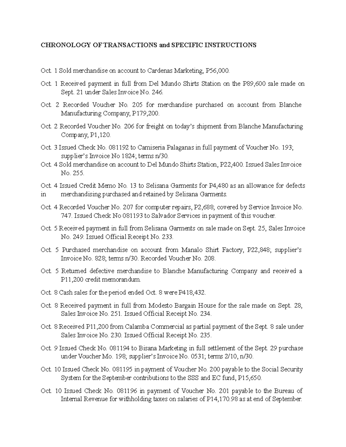 Chronology OF Transactions and Specific Instructions - CHRONOLOGY OF TRANSACTIONS and SPECIFIC ...