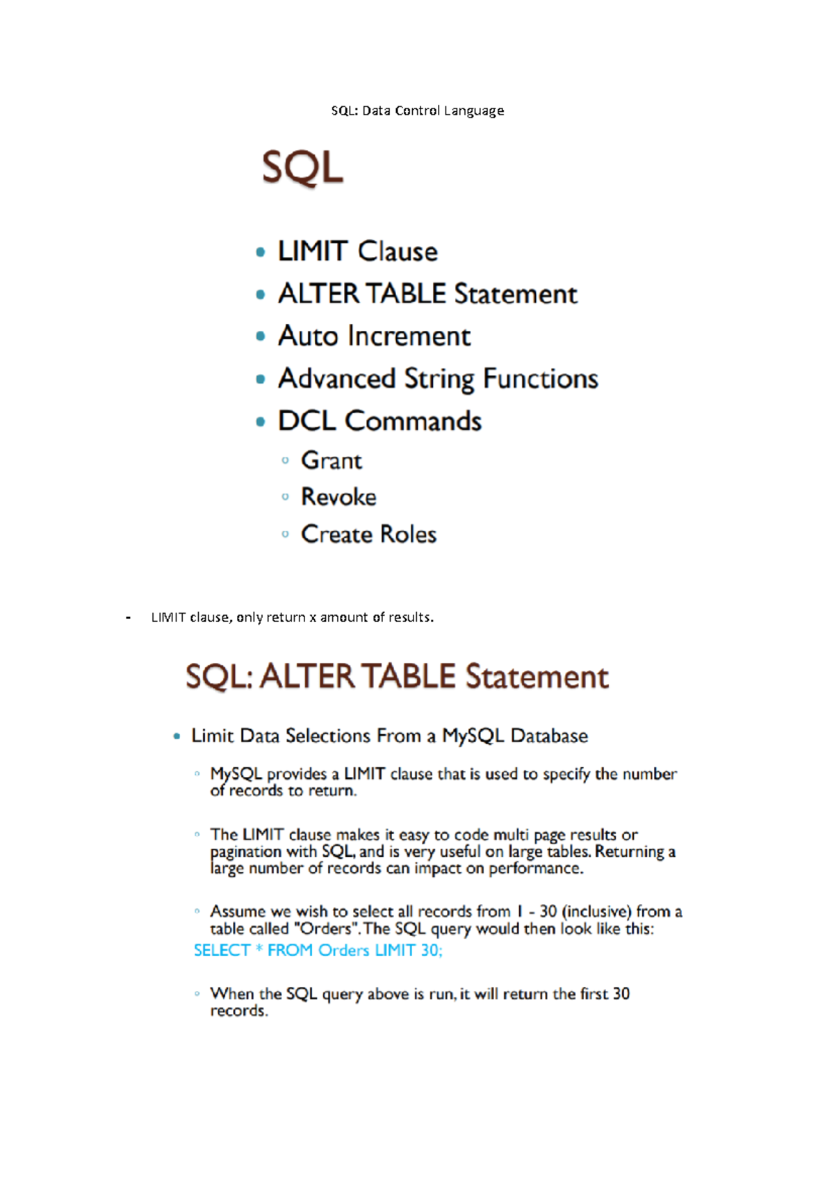 Lecture 7 - SQL 5 - SQL 5 - SQL: Data Control Language - LIMIT clause ...