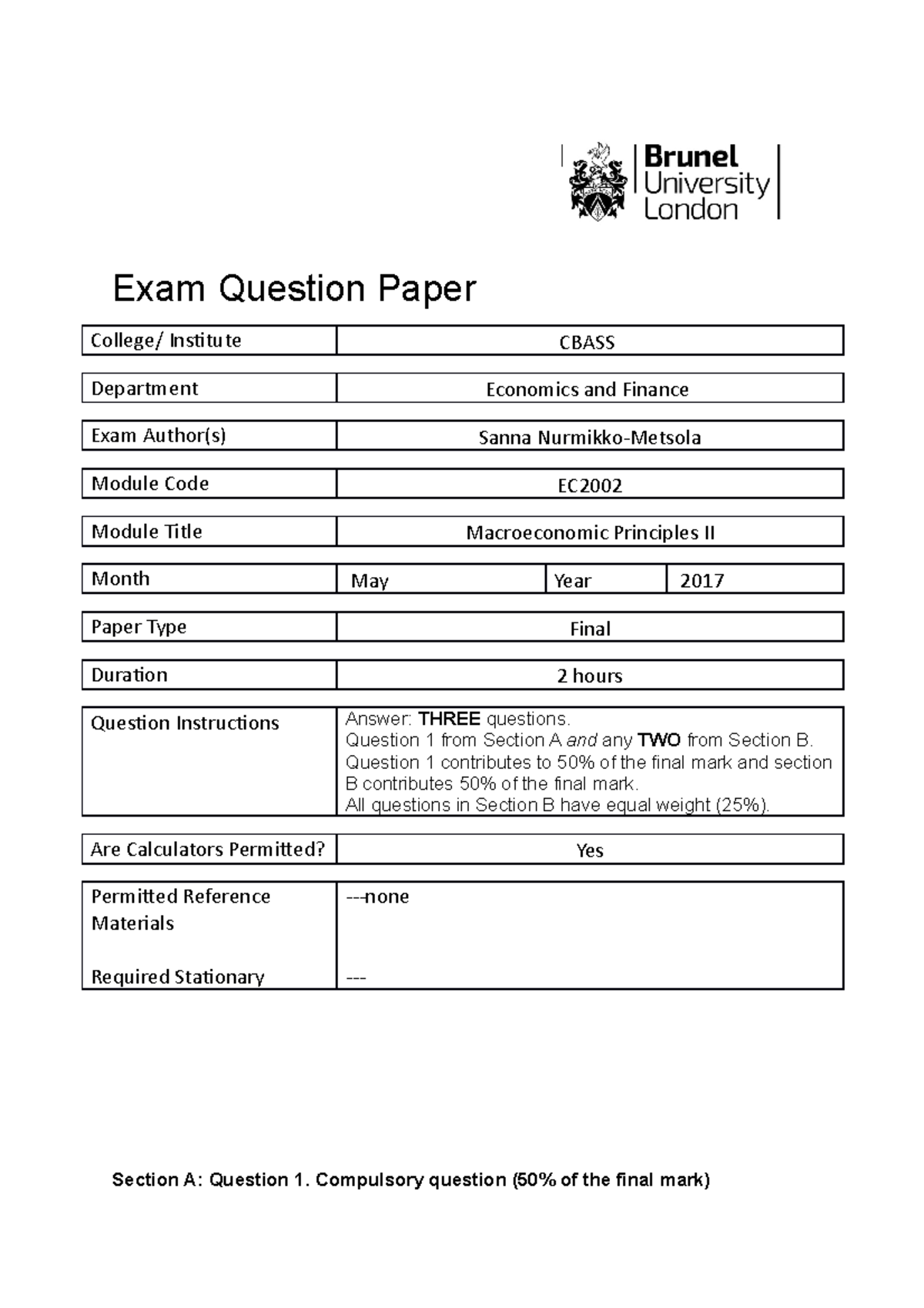 Exam May 2017 - Exam Question Paper College/ Institute CBASS Department ...