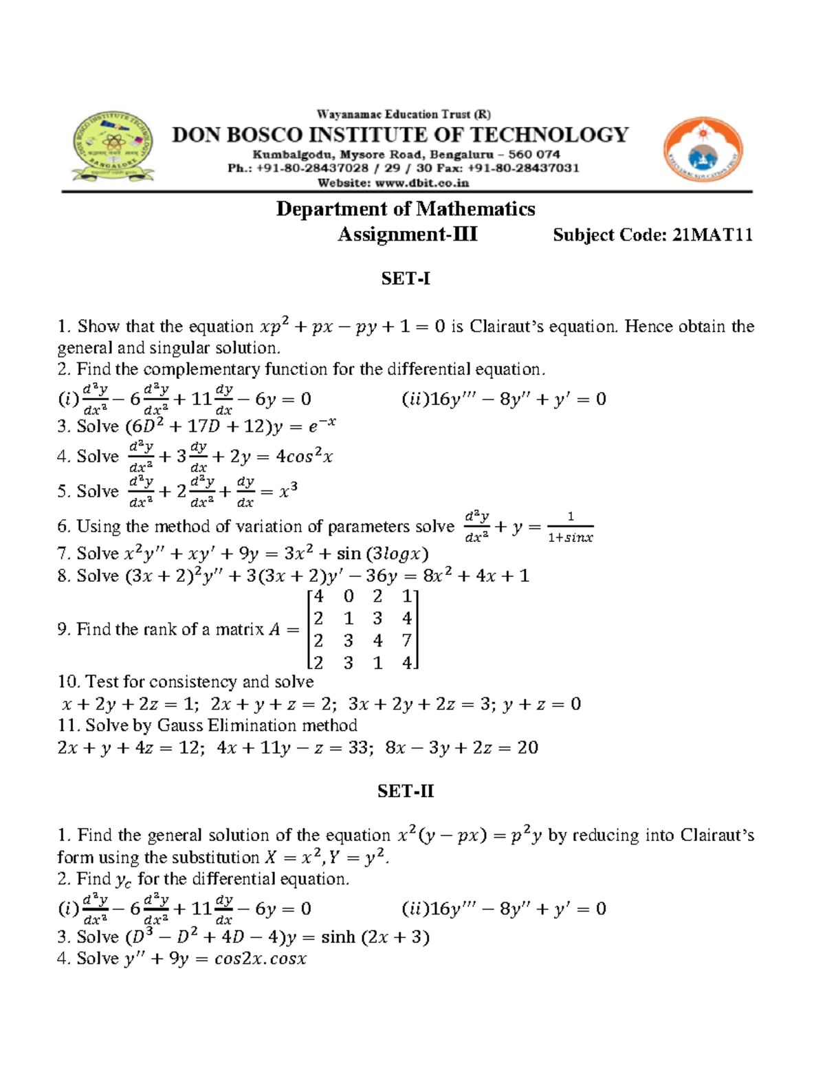 21MAT11 Assignment - Department of Mathematics Assignment-III Subject ...