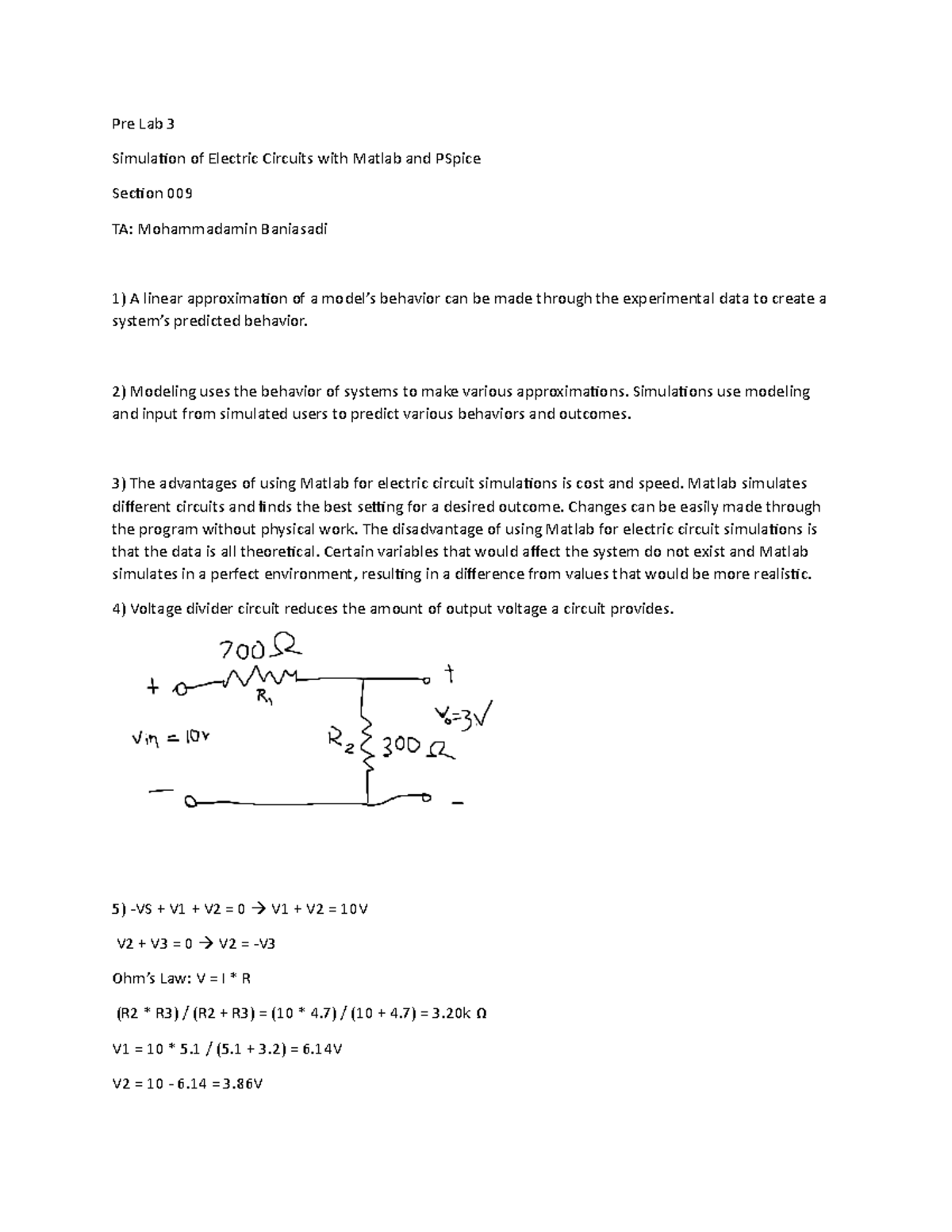 EE01LA Prelab 3 - Pre Lab 3 Simulation of Electric Circuits with Matlab ...