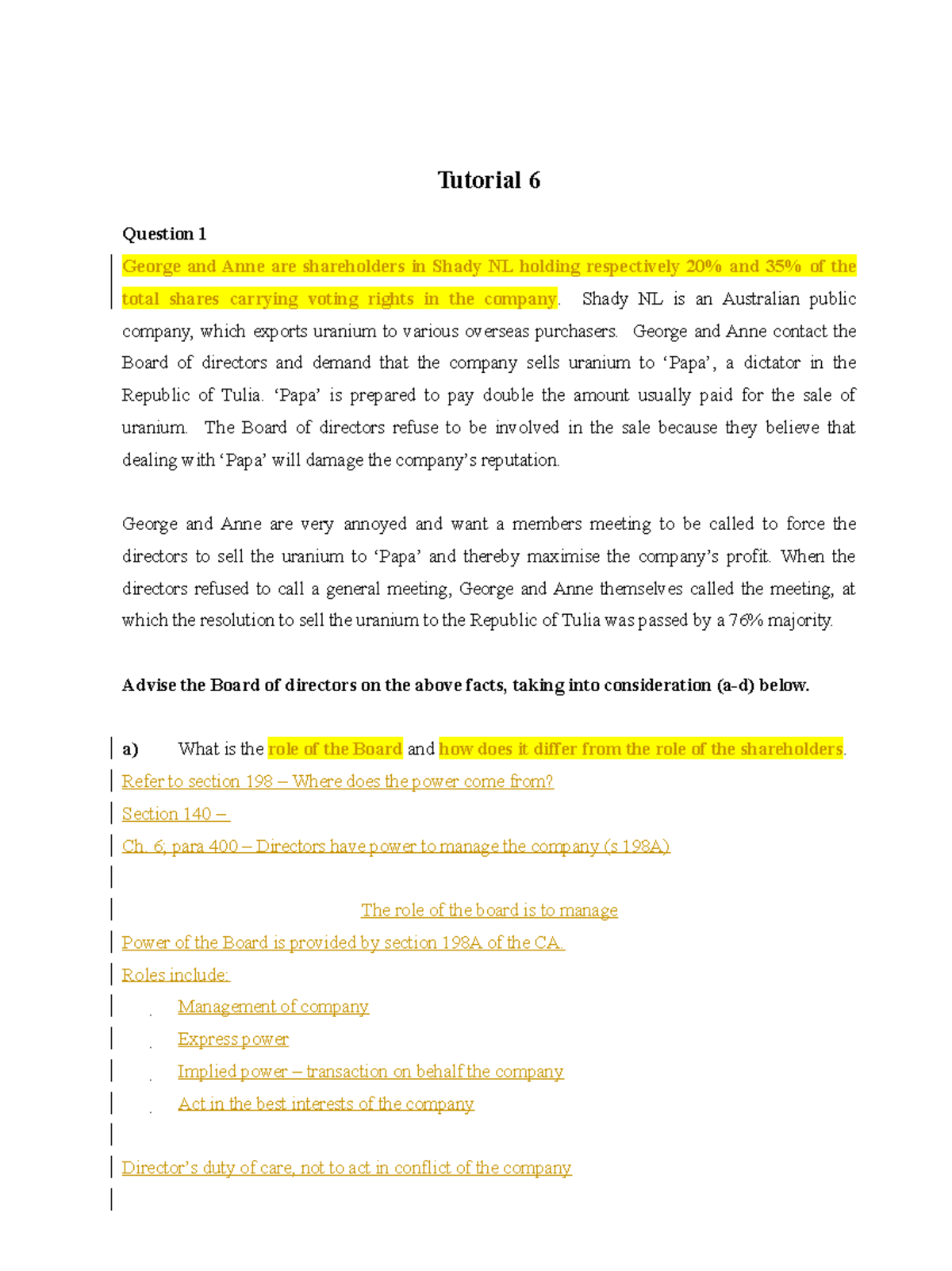 Tutorial 6 - Q (+ possible answers) - Tutorial 6 Question 1 George and ...