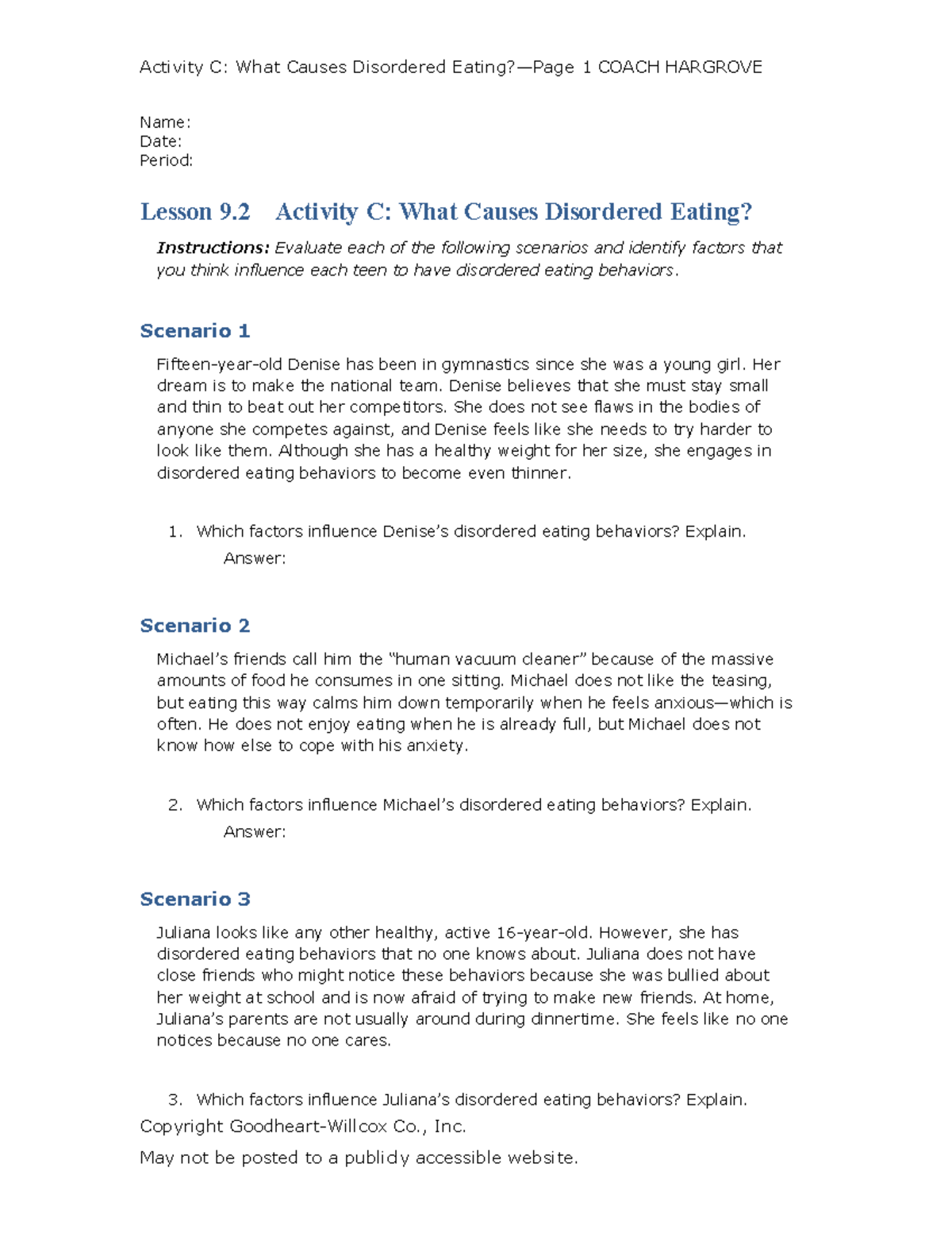 Ch09.2 C. Disordered Eating-1 - Activity C: What Causes Disordered Eating?—Page 1 COACH HARGROVE ...