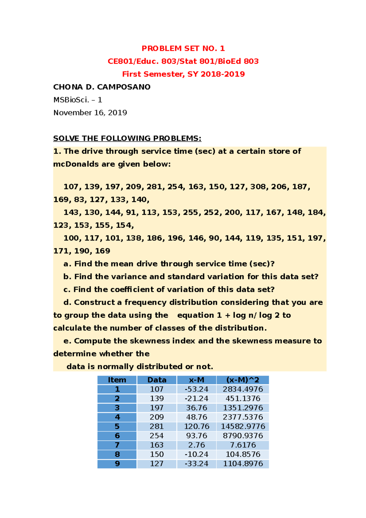 Chona - BIOSTAT - PROBLEM SET NO. 1 CE801/Educ. 803/Stat 801/BioEd 803 First Semester, SY 2018 ...