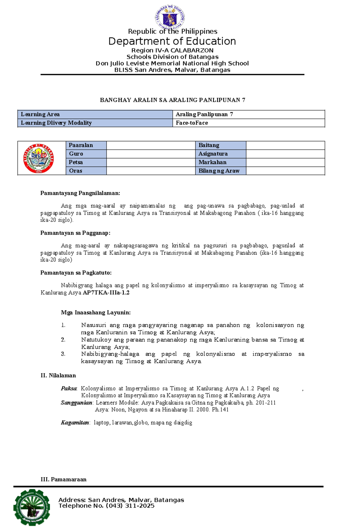 DLP 3 & 4 - Address: San Andres, Malvar, Batangas Department of ...