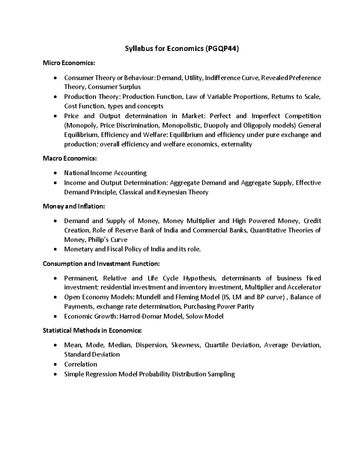 Eco syllabus - Syllabus for Economics (PGQP44) Micro Economics ...