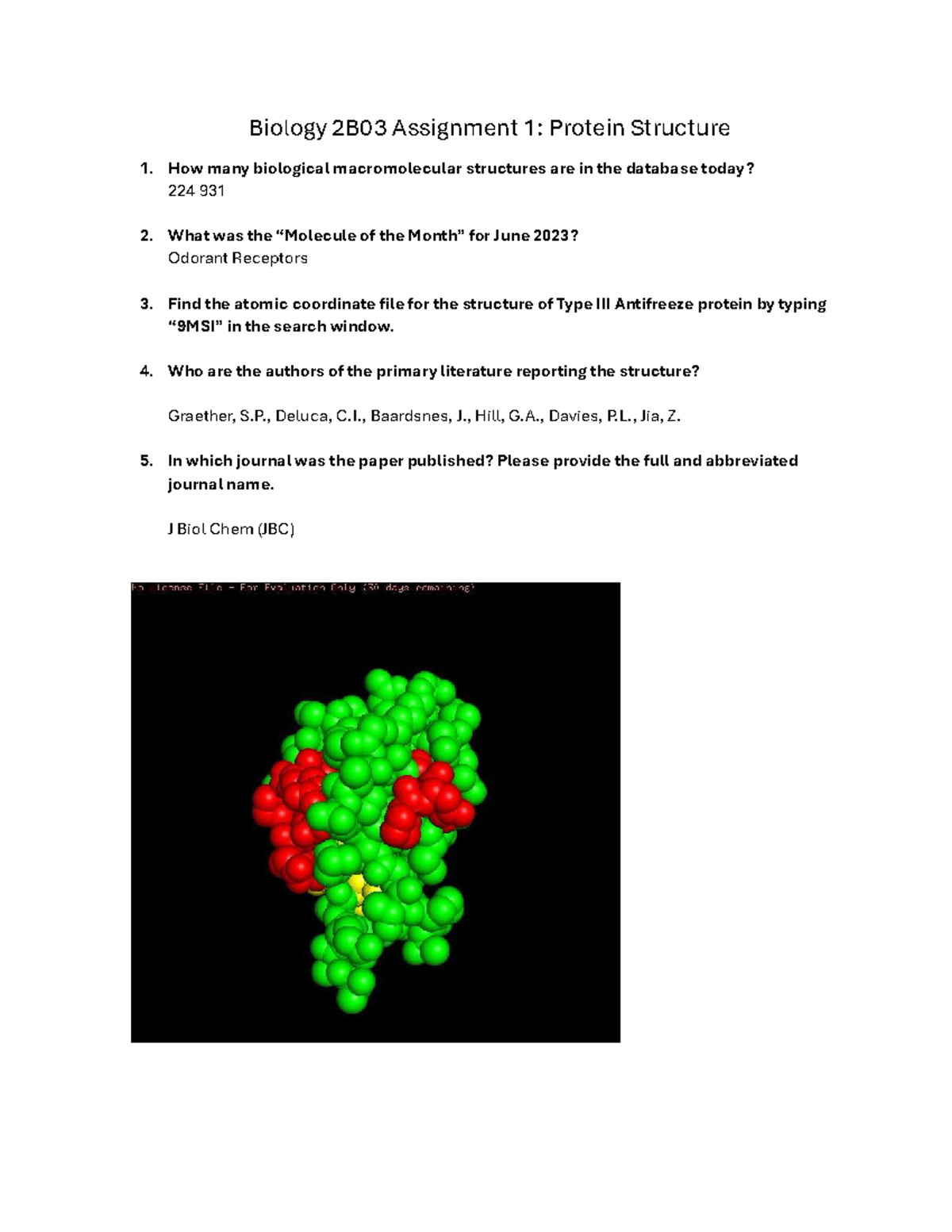 Bio2b03 Assginment 1 - Biology 2B03 Assignment 1: Protein Structure 1 ...