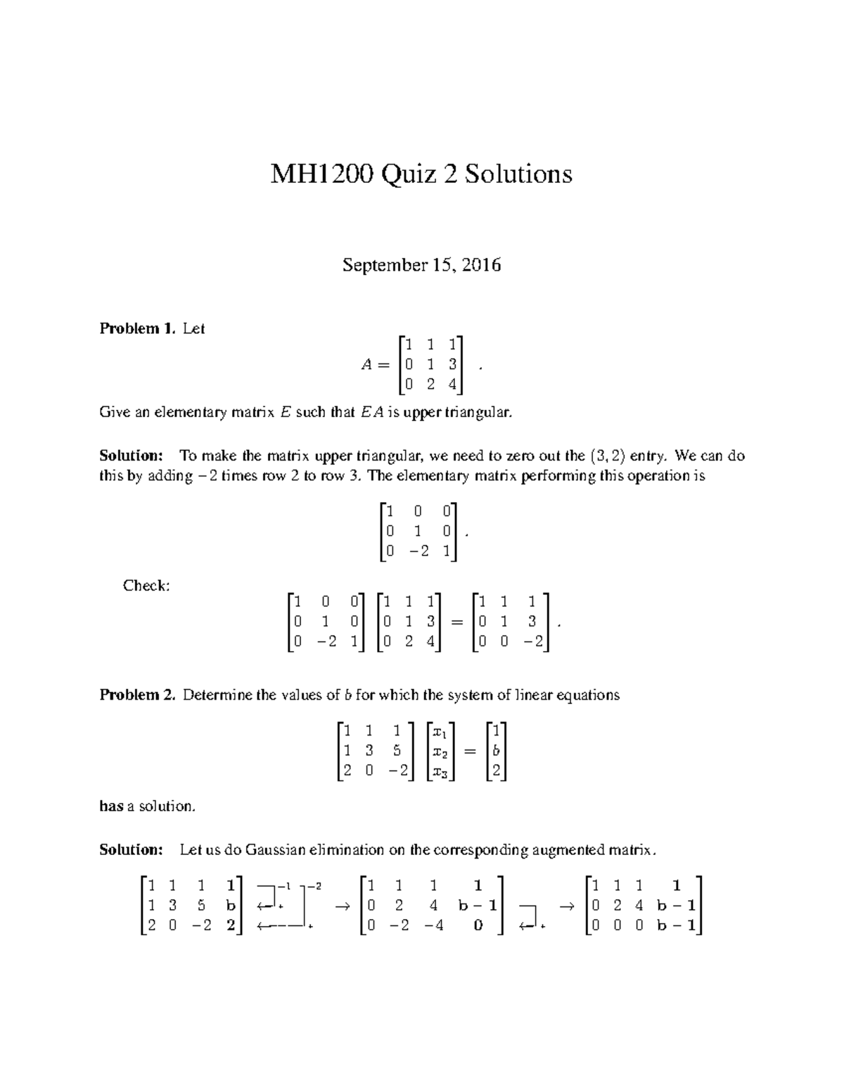 La I Ntu Quiz 2 Linear Algebra Assignment Mh1200 Quiz 2 Solutions September 15 2016 Problem 