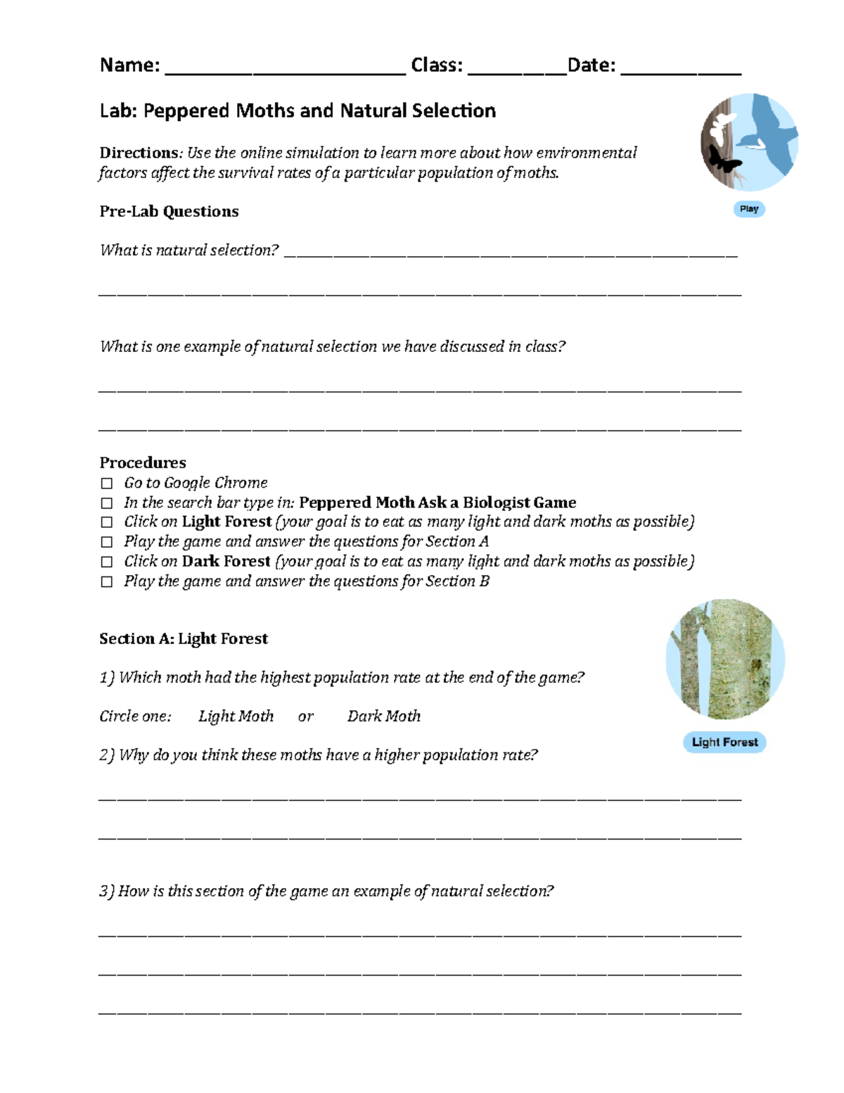 Lab Peppered Moths and Natural Selection - Name ...