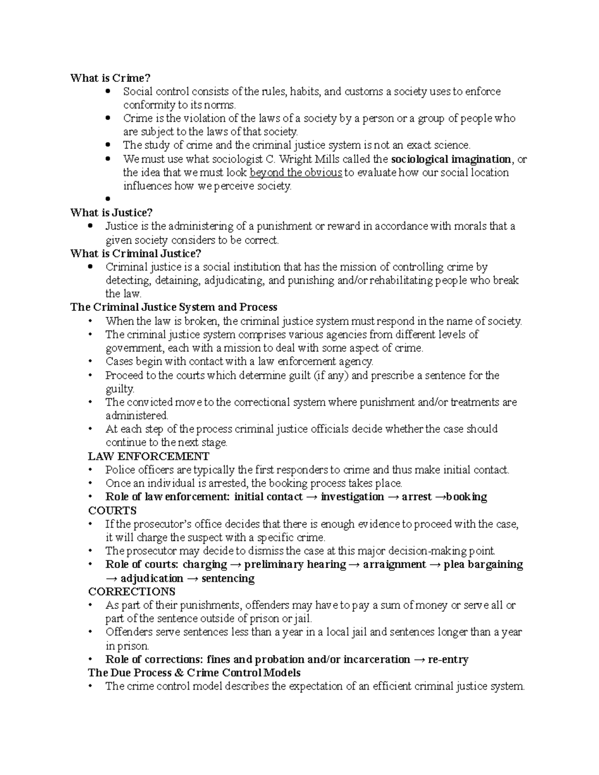 Crim justice process notes - What is Crime? Social control consists of ...
