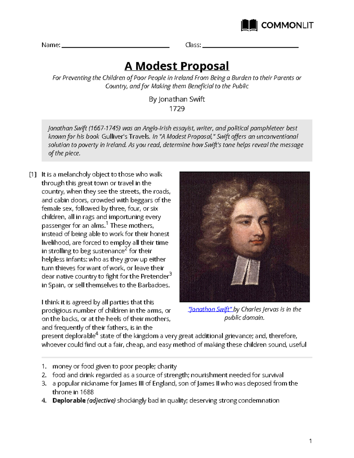 A Modest Proposal-student copy - Name: Class: "Jonathon Swift" by ...