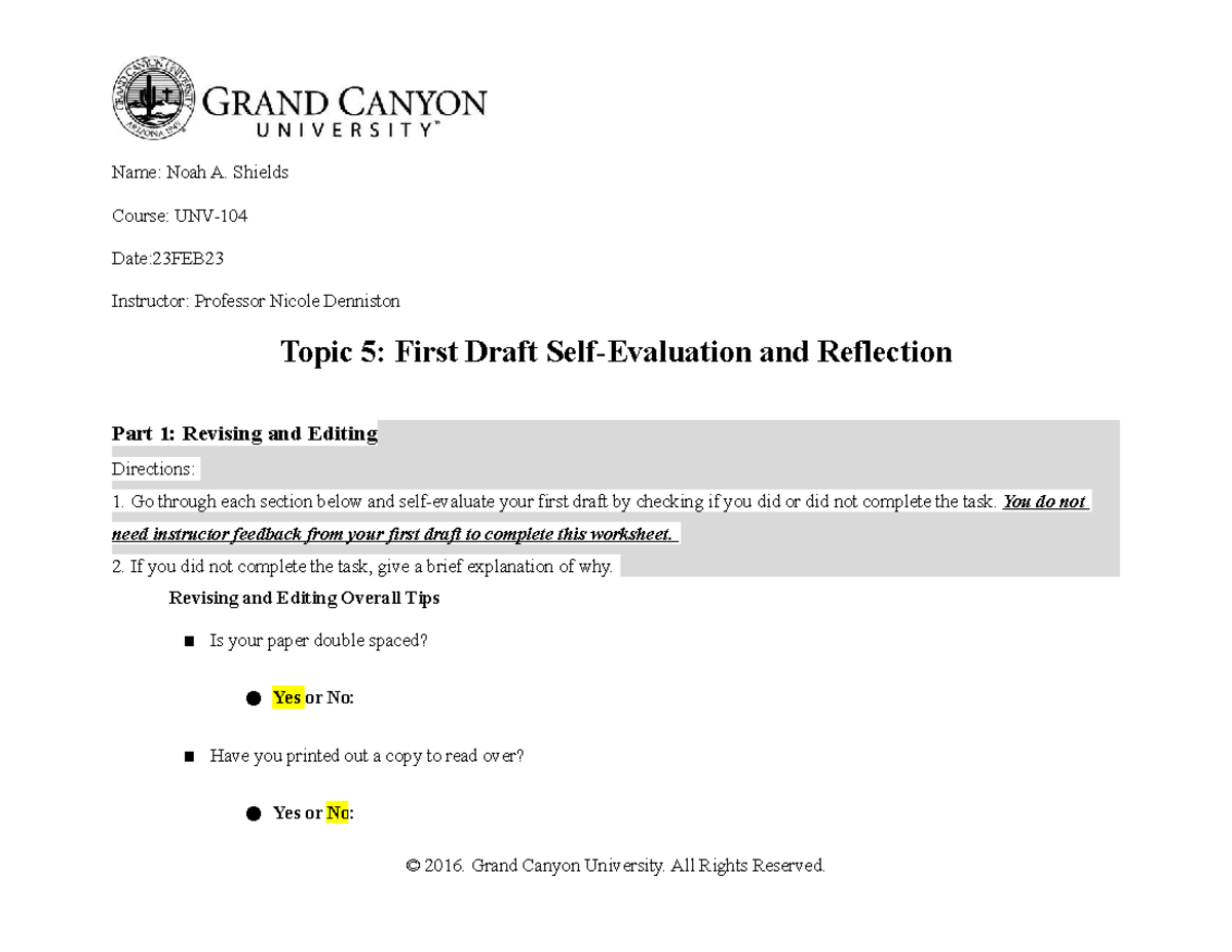 UNV 104 RS T5 First Draft Self Evaluationand Reflection - Name: Noah A ...