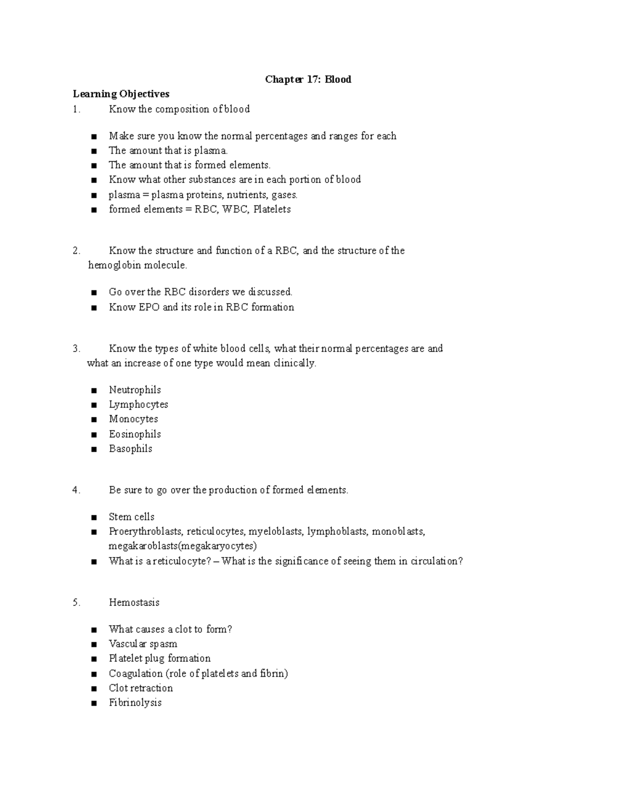 Anatomy Lecture Ch. 17 Notes - Chapter 17: Blood Learning Objectives ...