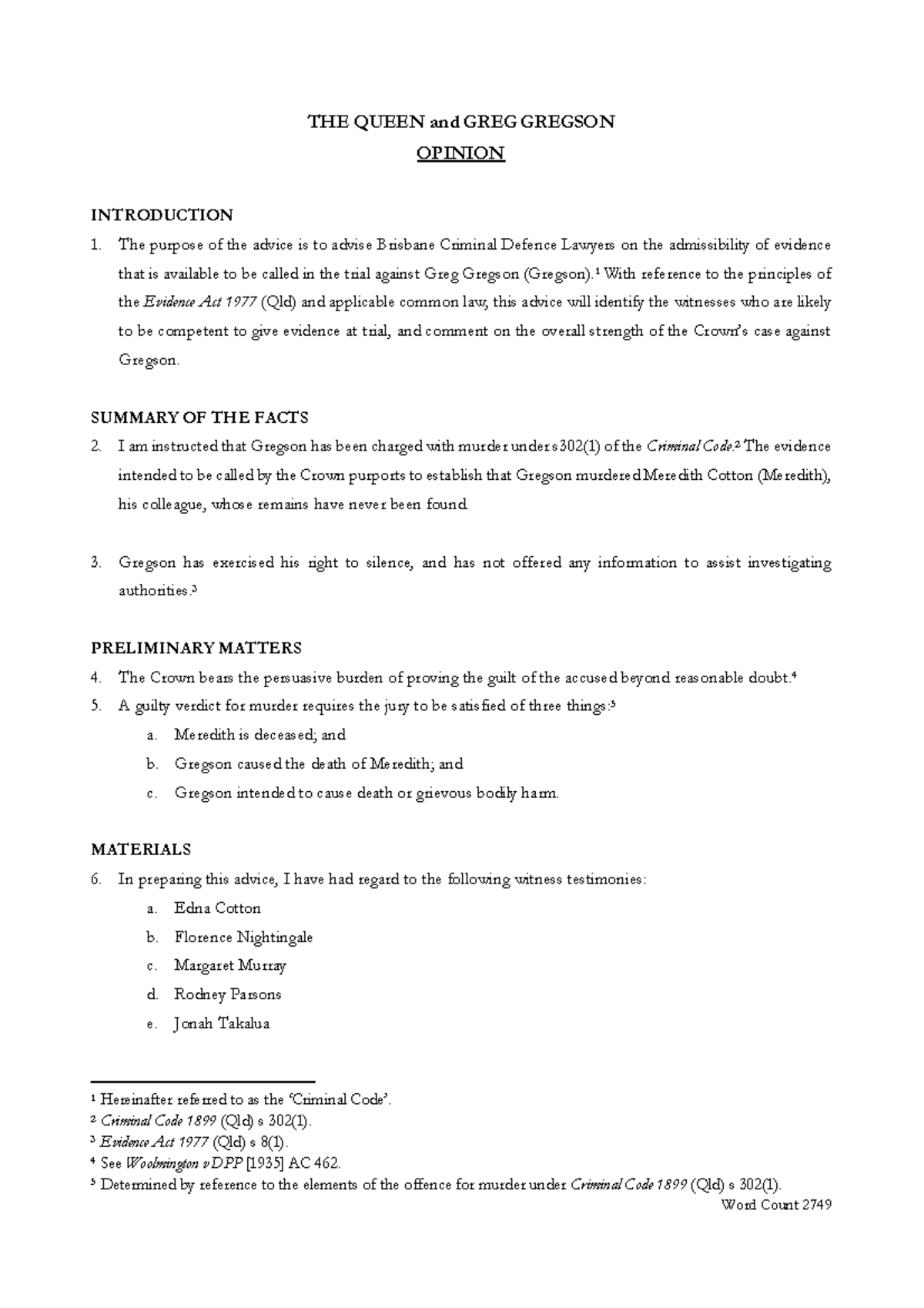 Advice on Evidence Exemplar - THE QUEEN and GREG GREGSON OPINION ...