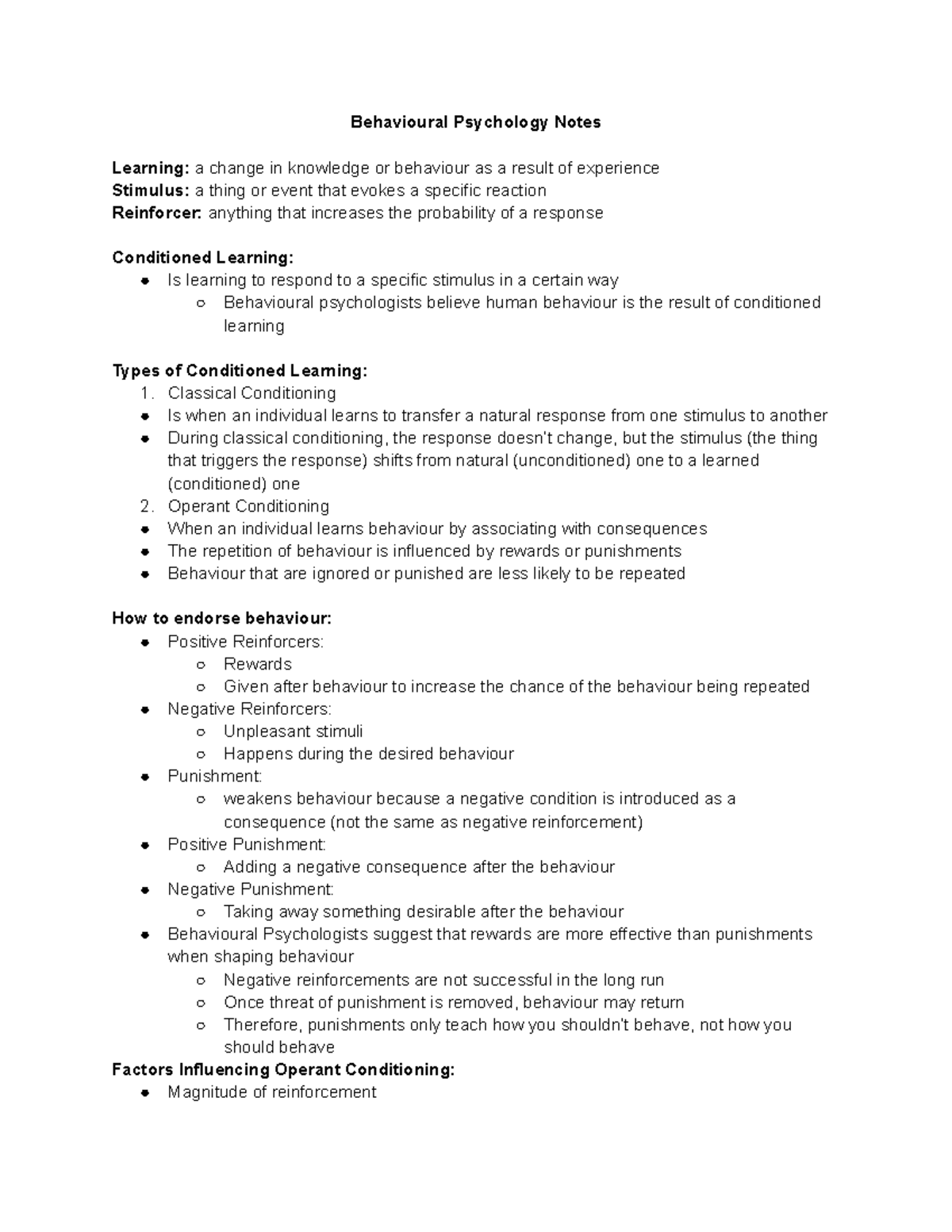 Behavioural Psychology Notes - Behavioural Psychology Notes Learning: a ...
