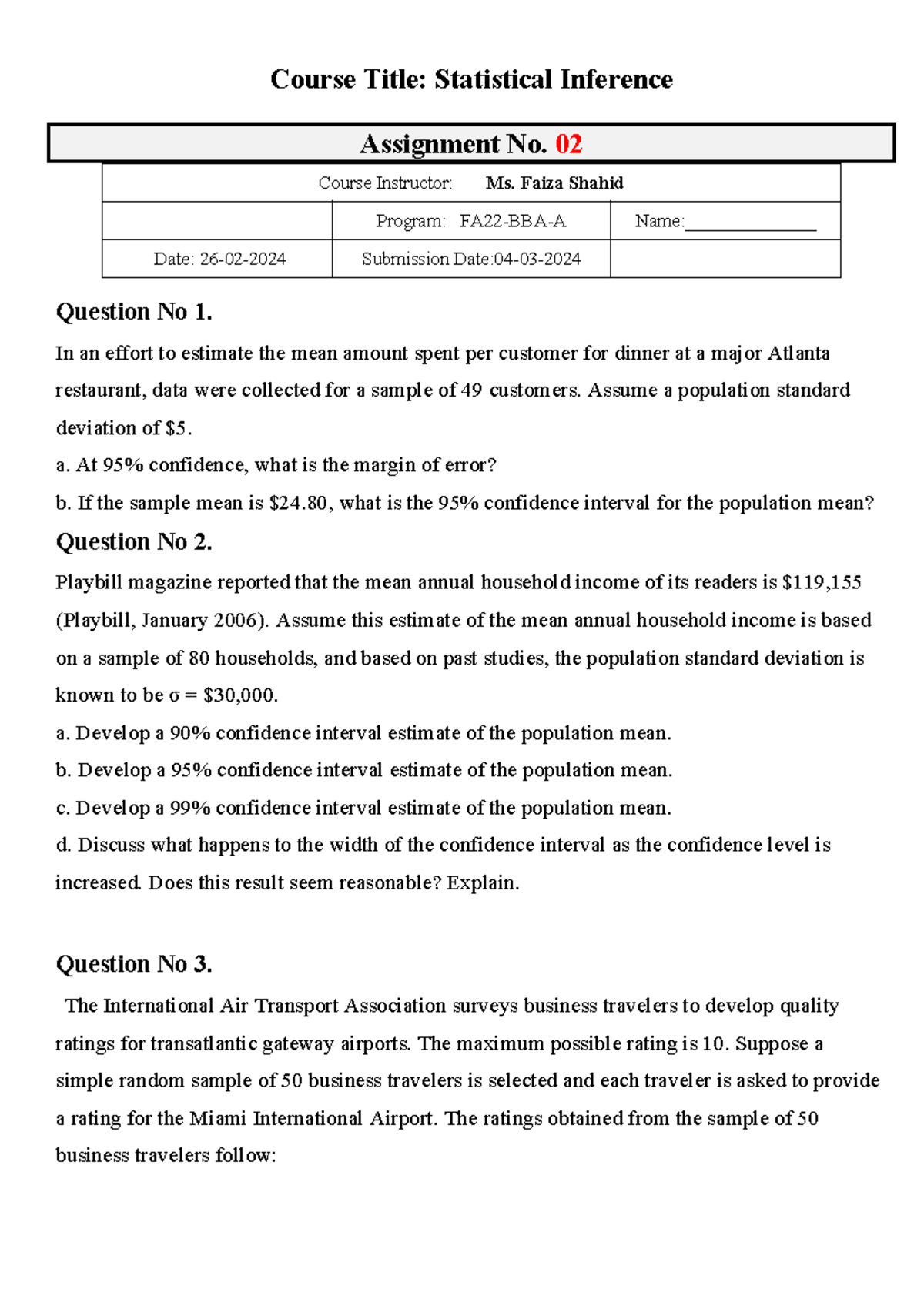 Assignment 2(26th feb ) - Course Title: Statistical Inference Assignment No. 02 Course ...