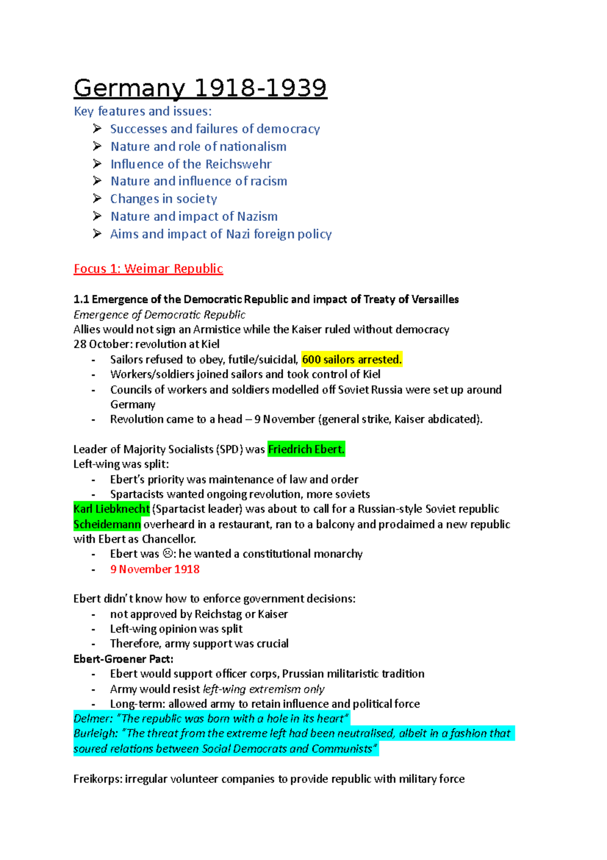 Germany summary (Autosaved) - Germany 1918- Key features and issues ...
