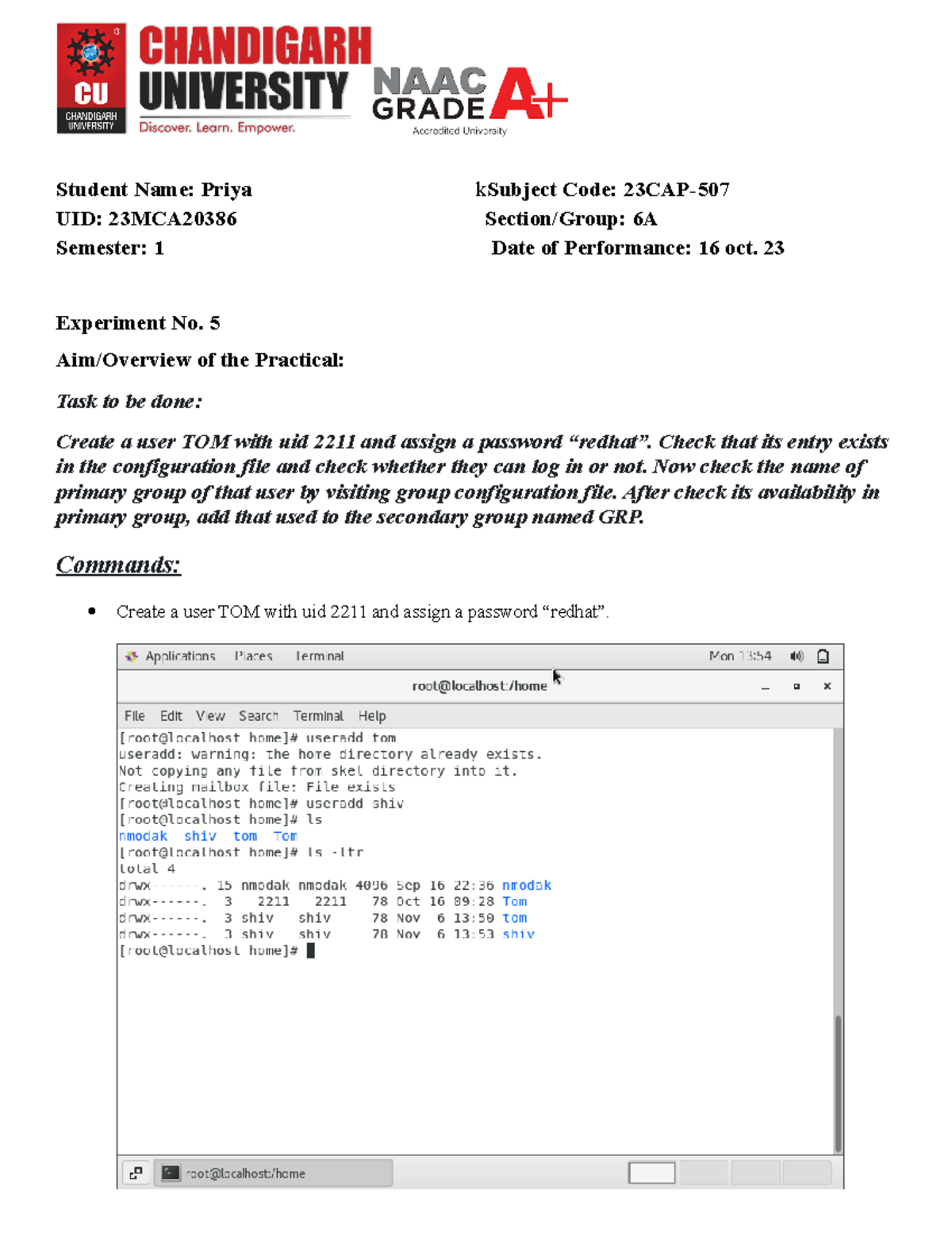 Linux Chapter 2 Experiment 2 - Student Name: Priya kSubject Code: 23CAP- UID: 23MCA20386 - Studocu