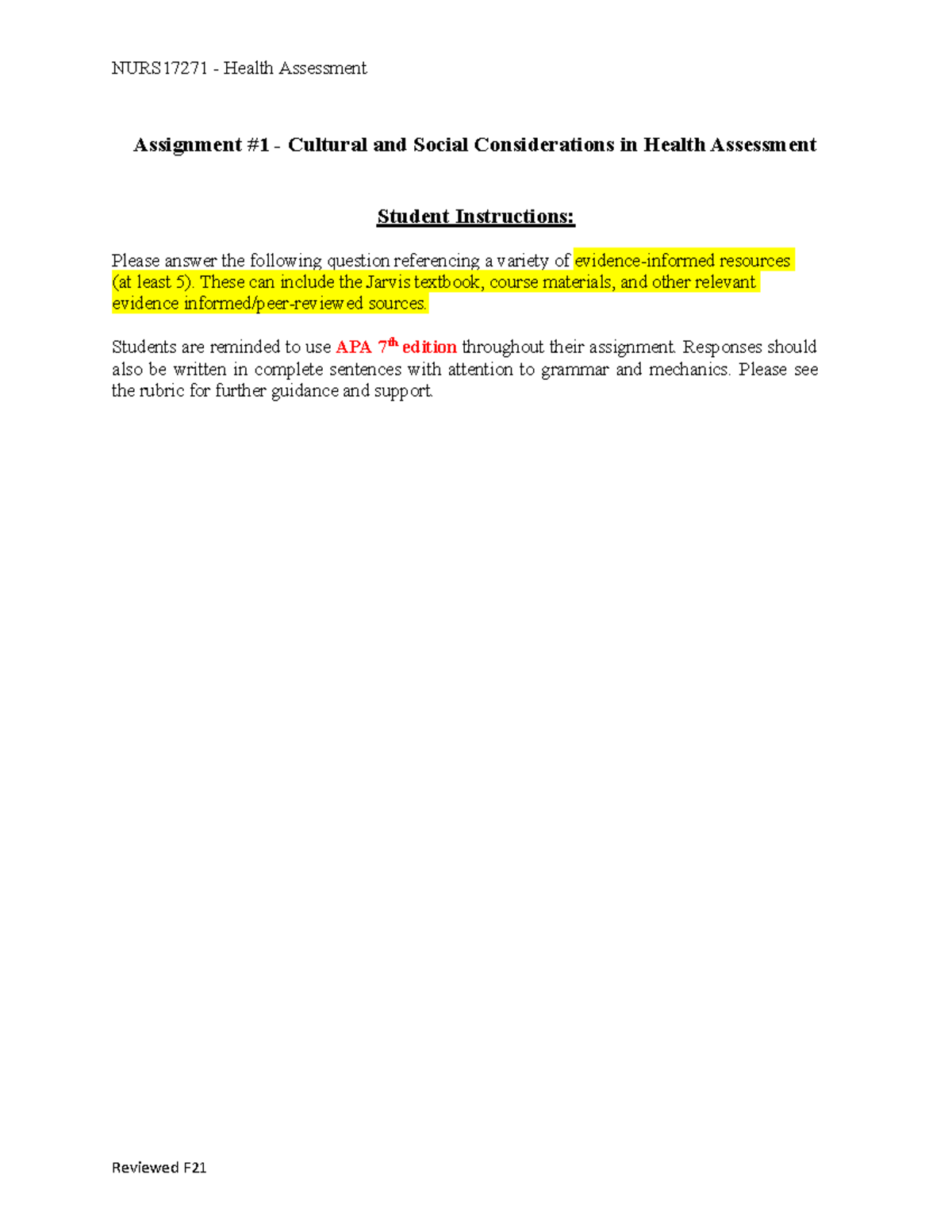 Health assessment assignment - NURS17271 - Health Assessment Reviewed F ...