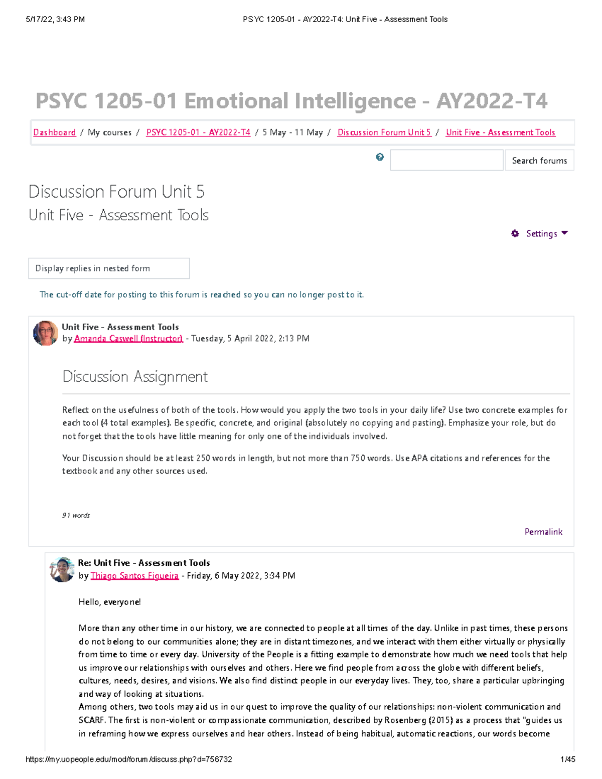 PSYC 1205-Discussion Forum - AY2022-T4 Unit Five - Assessment Tools - PSYC 1205-01 Emotional ...