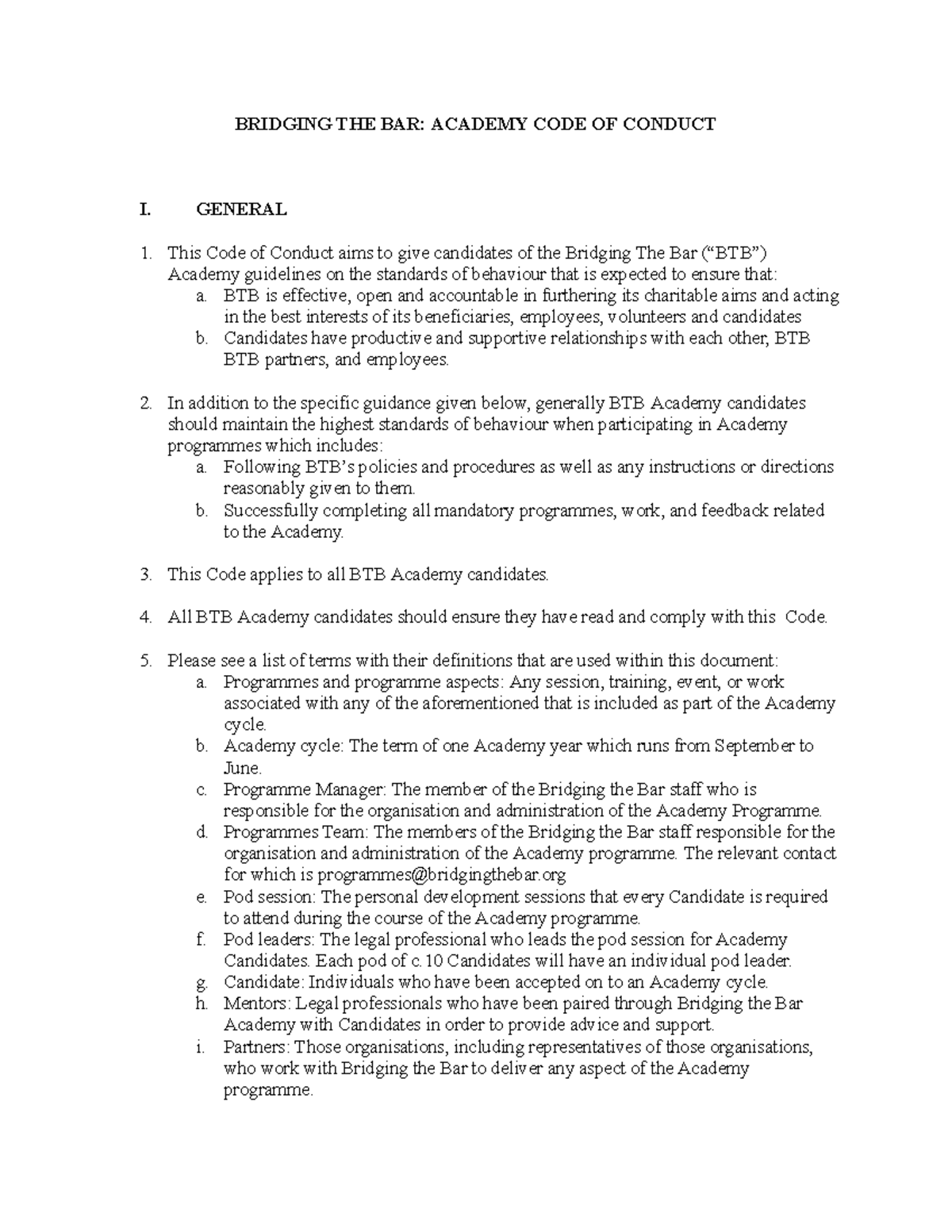 Academy 23 24 Code of Conduct - BRIDGING THE BAR: ACADEMY CODE OF ...