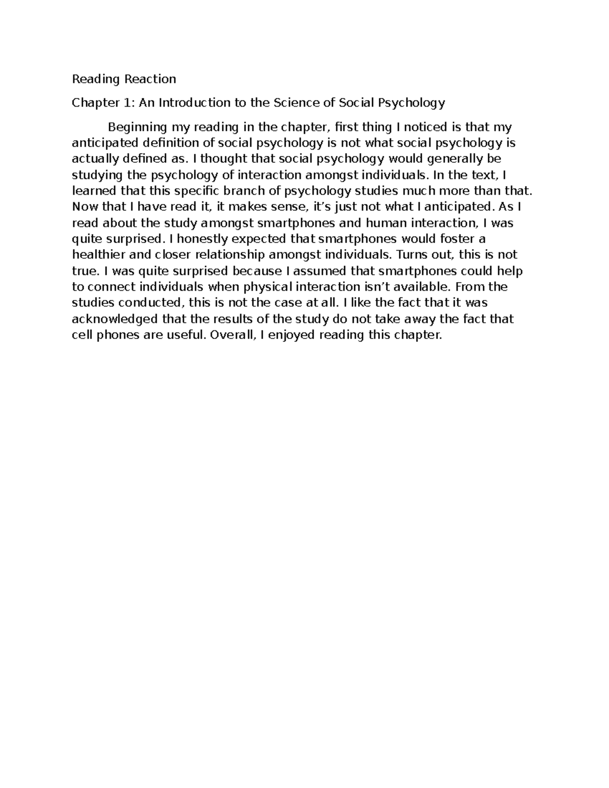 Reading Reaction 1 - Summary Social Psychology - Reading Reaction ...