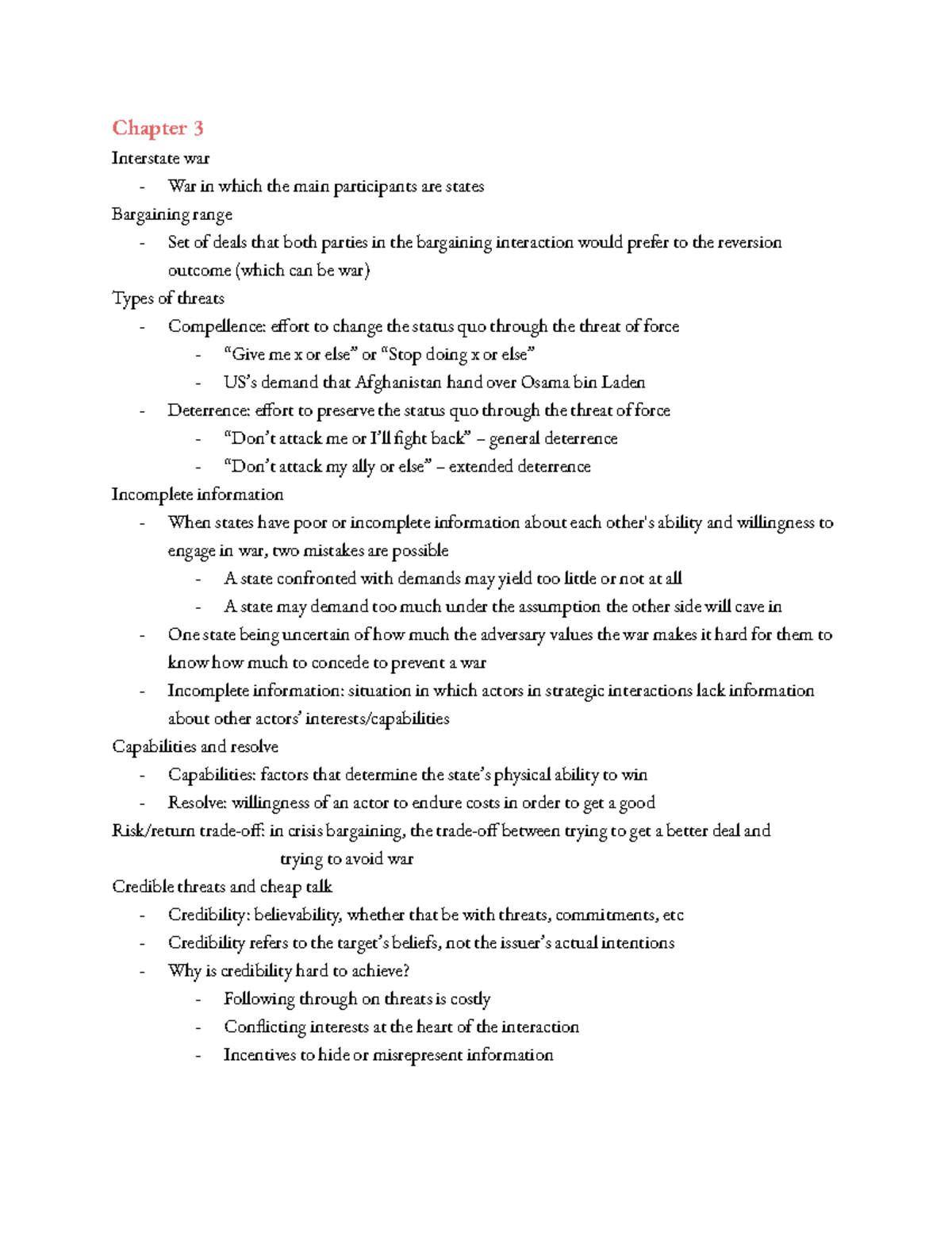 Quiz 2 review sheet - Chapter 3 Interstate war - War in which the main ...