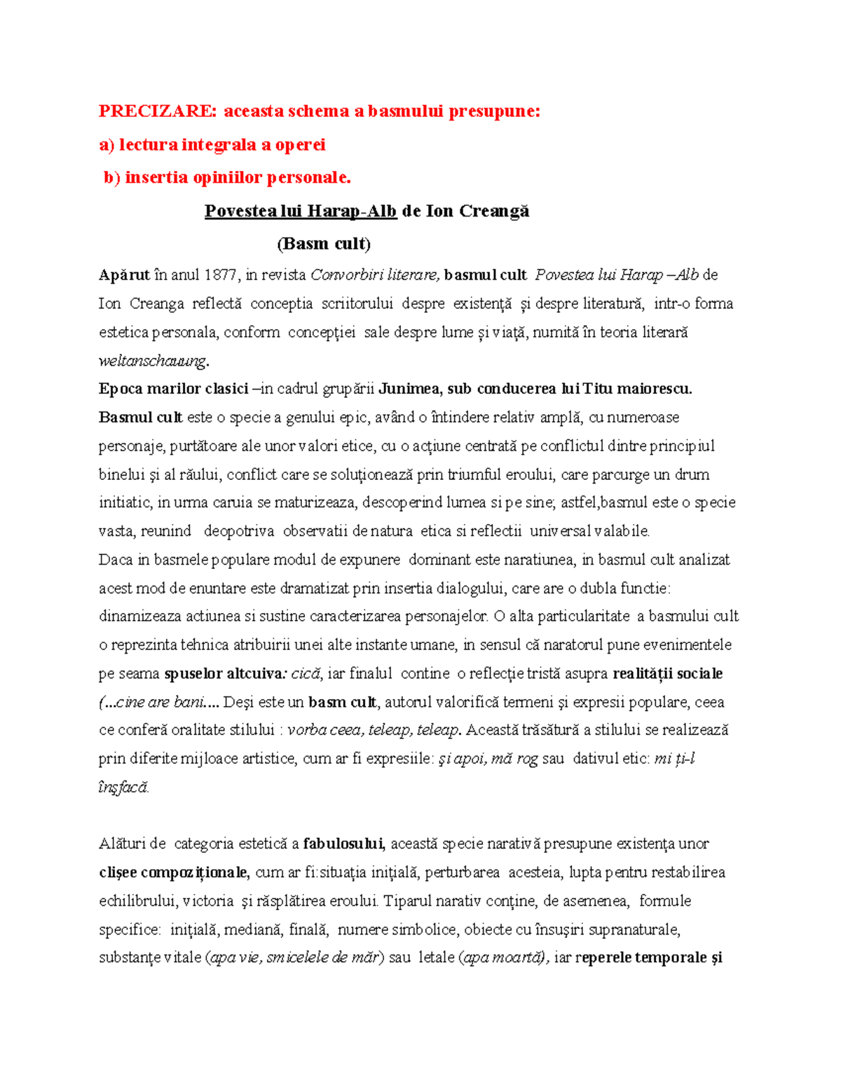 Basmul CULT - Bac română - PRECIZARE: aceasta schema a basmului ...