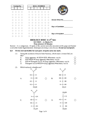 HSSC-I English Solution of Model Question Paper - Answer Sheet No. Sign ...