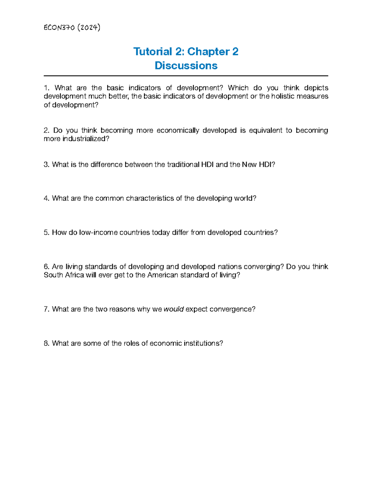 ECON370 Tutorial 2 - tut 2 - ECON370 (2024) Tutorial 2: Chapter 2 ...