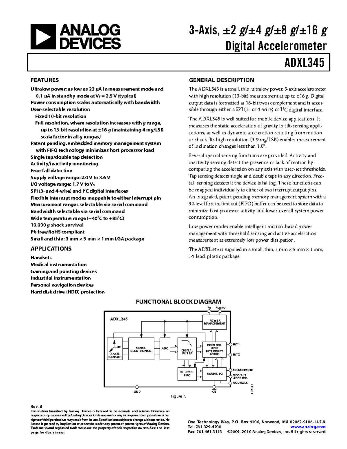ADXL345 - DATASHEET PARA ARDUINOS - 3-Axis, ±2 g/±4 g/±8 g/±16 g ...