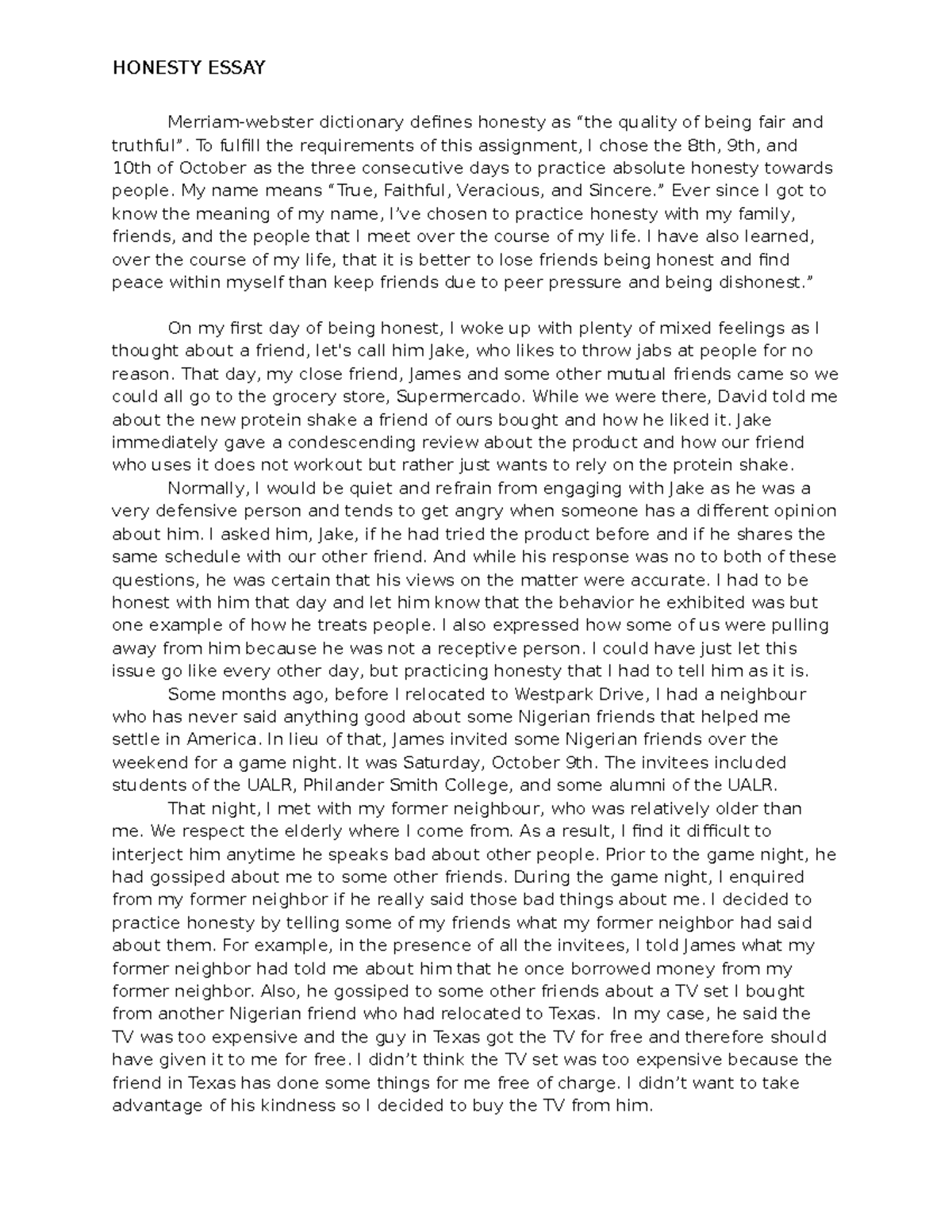 Honesty Essay - HONESTY ESSAY Merriam-webster dictionary defines ...