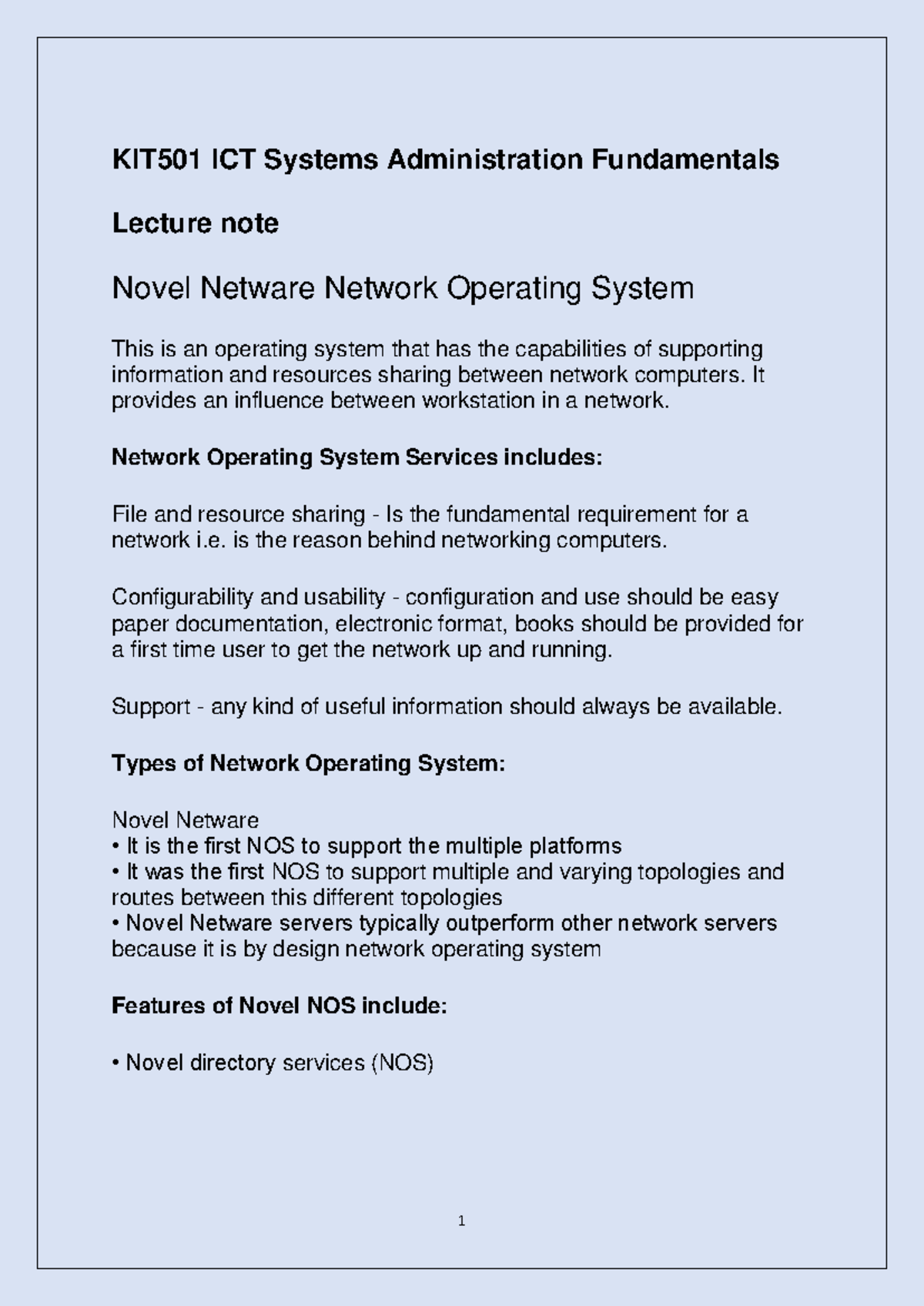 KIT501 ICT Systems Administration Fundamentals lecture note Novel Netware Network Operating ...