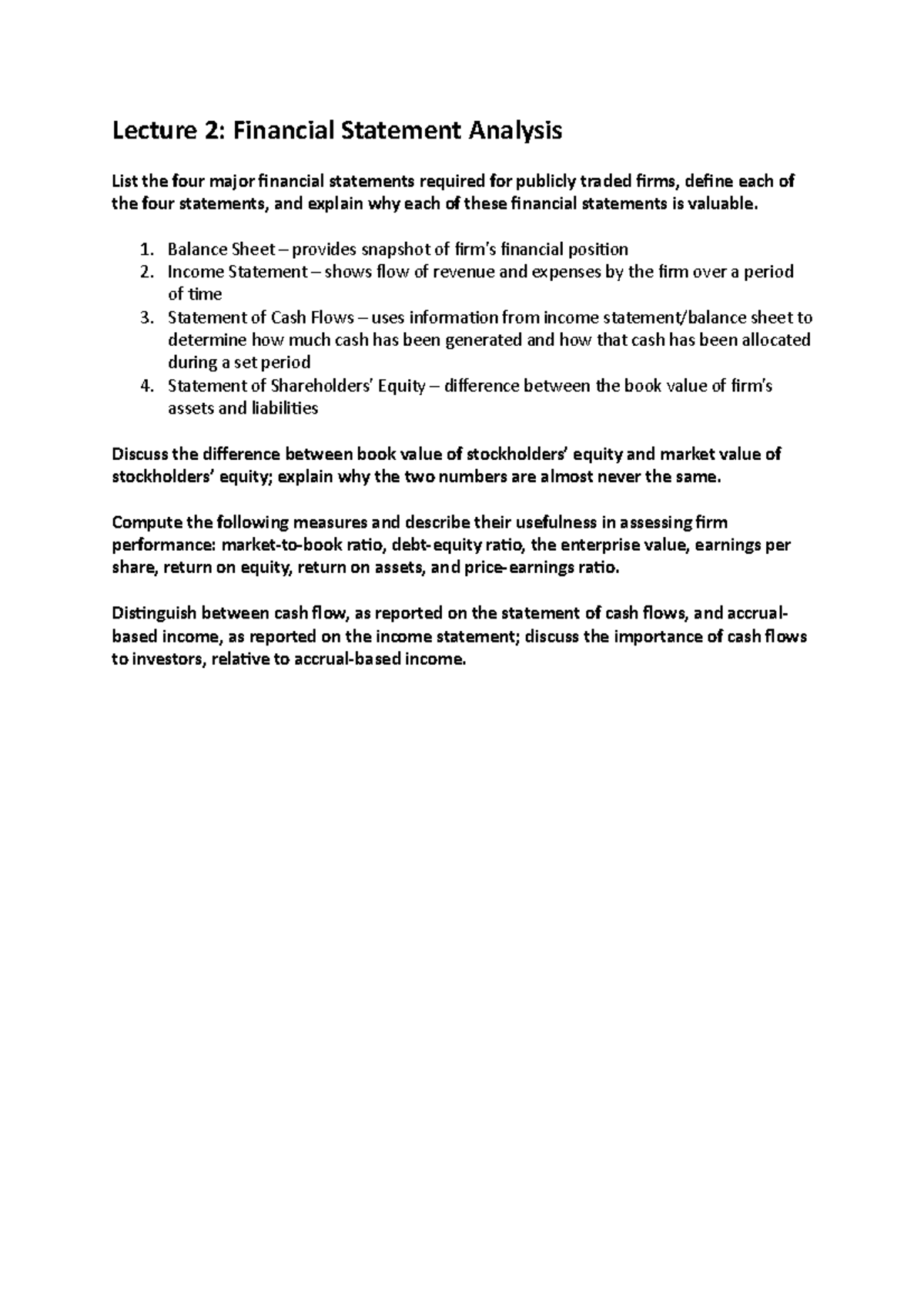 FINA1221 Lecture 2 - Lecture 2: Financial Statement Analysis List the ...