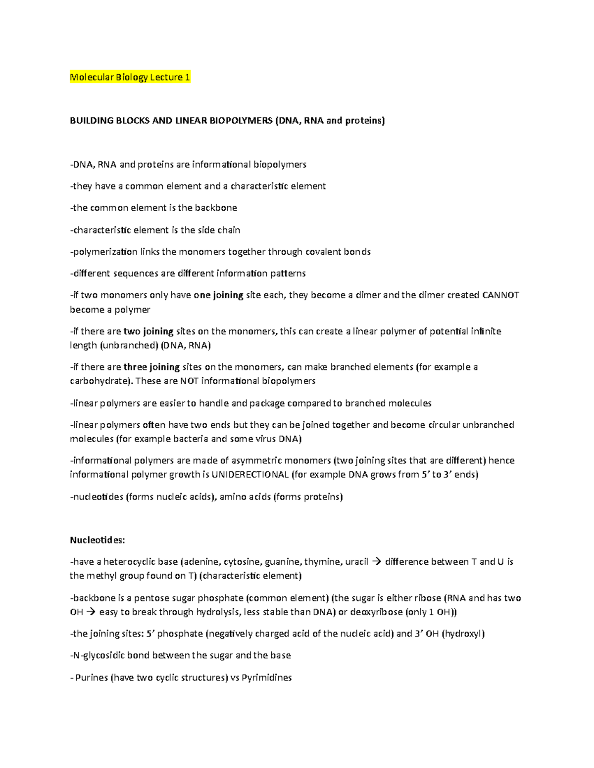 BIOL200 - Lecture 1 - Molecular Biology Lecture 1 BUILDING BLOCKS AND LINEAR BIOPOLYMERS (DNA ...