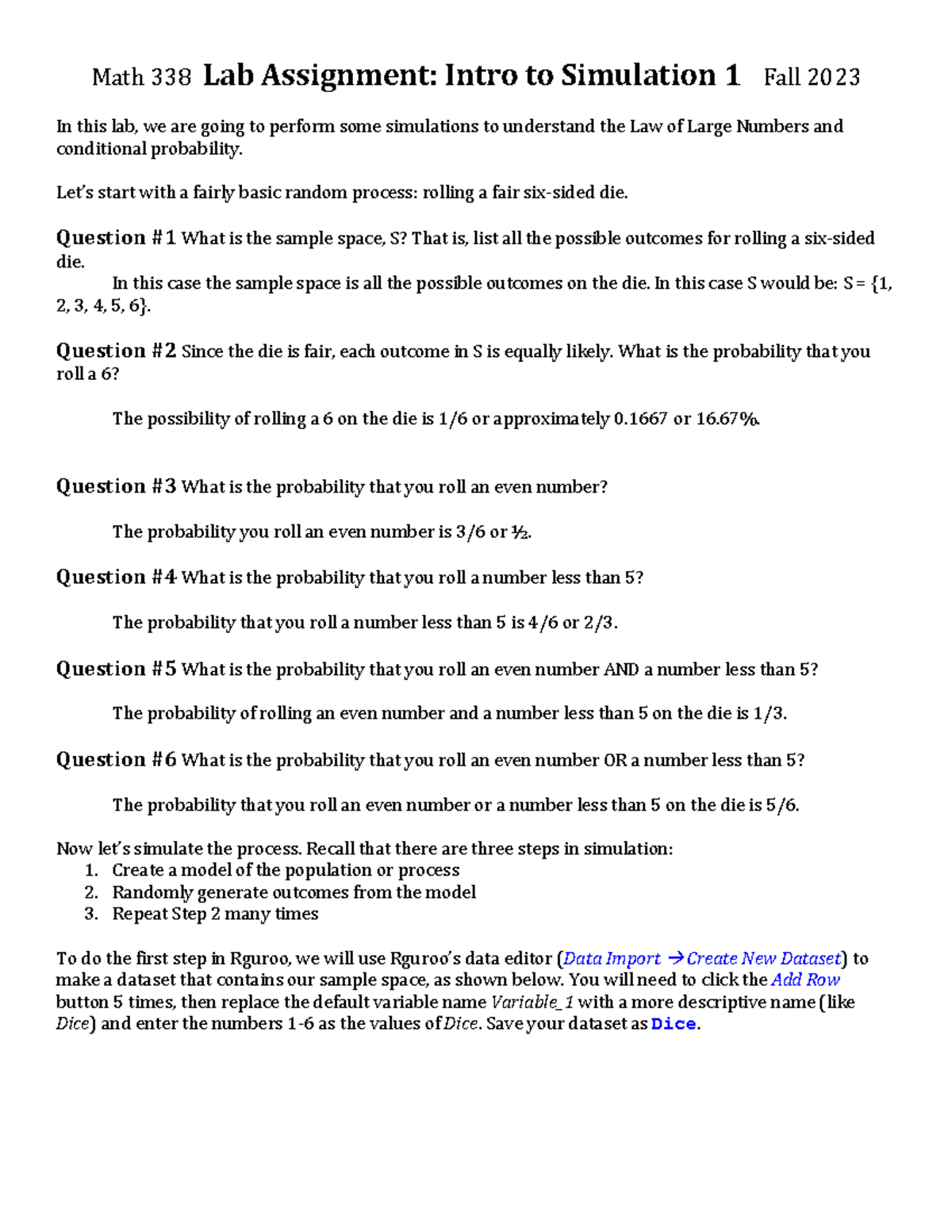 Intro to Simulation 1 - Rguroo - Math 338 Lab Assignment: Intro to Simulation 1 Fall 2023 In ...