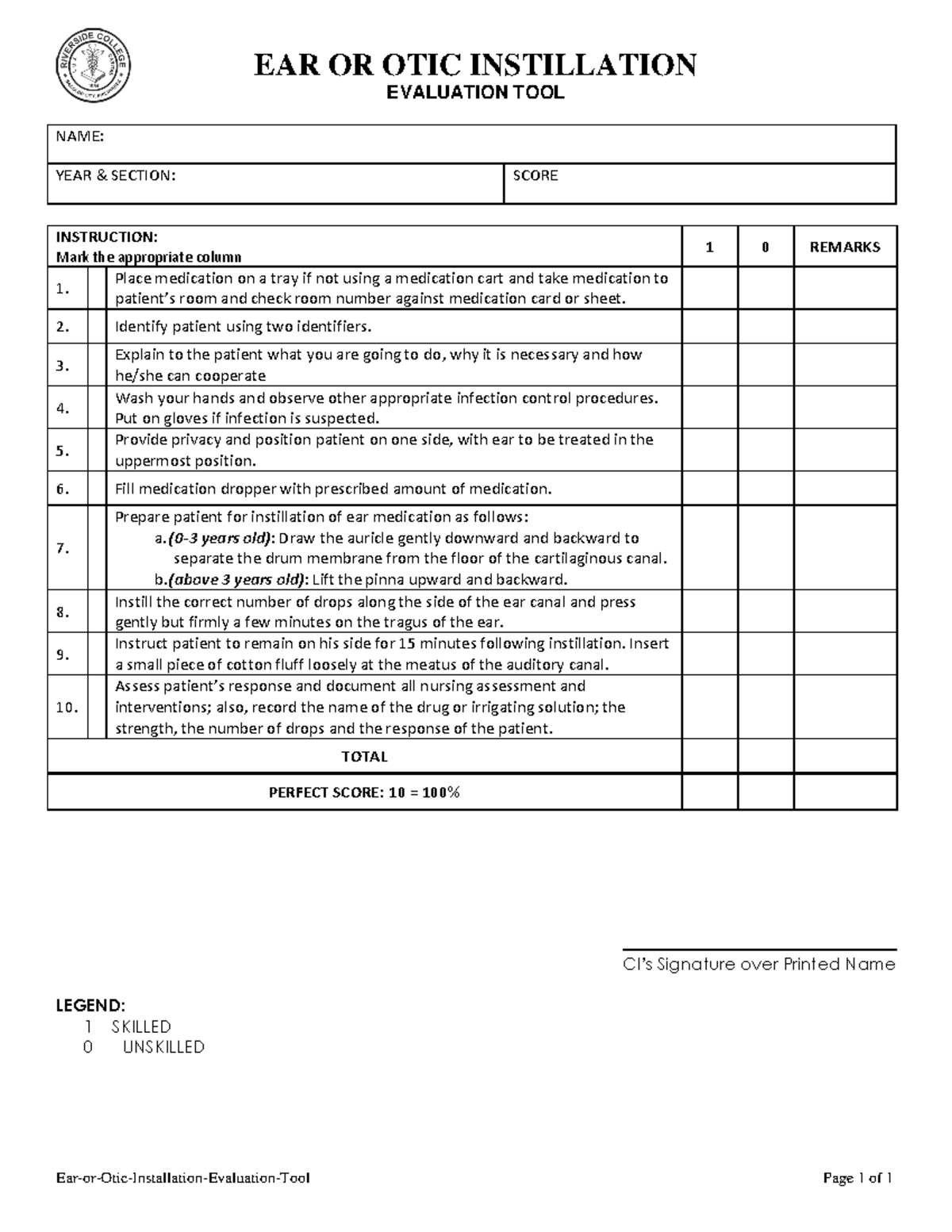 Ear or Otic Instillation Evaluation Tool - EAR OR OTIC INSTILLATION ...