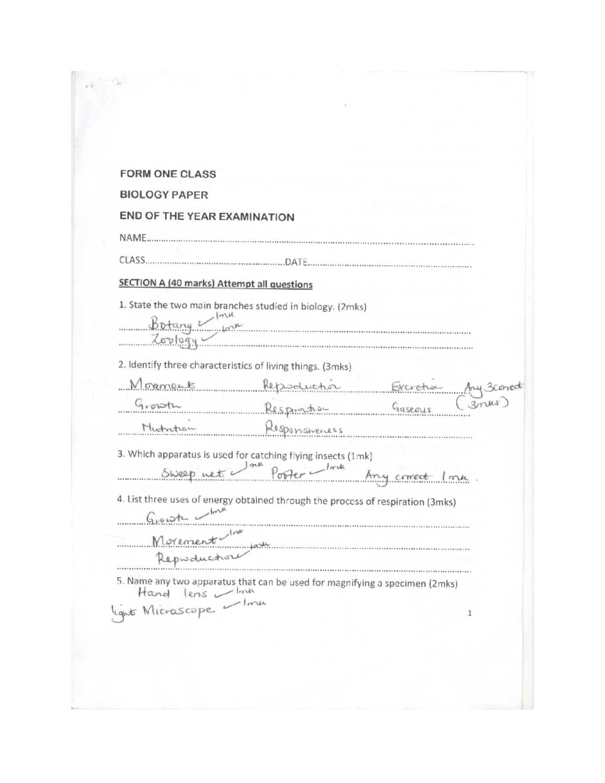 Biology form 1 term 3 exams model 22072021001 ms - Education science ...