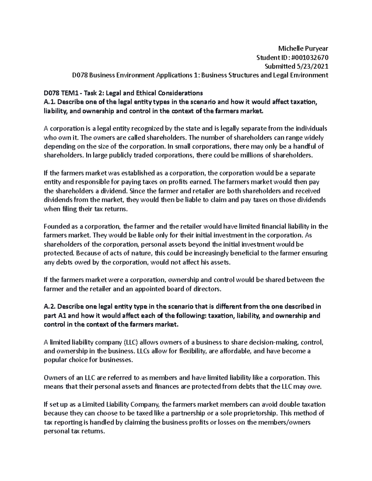 TEM 1 Task 2 - TASK - Michelle Puryear Student ID: # Submitted 5/23 ...