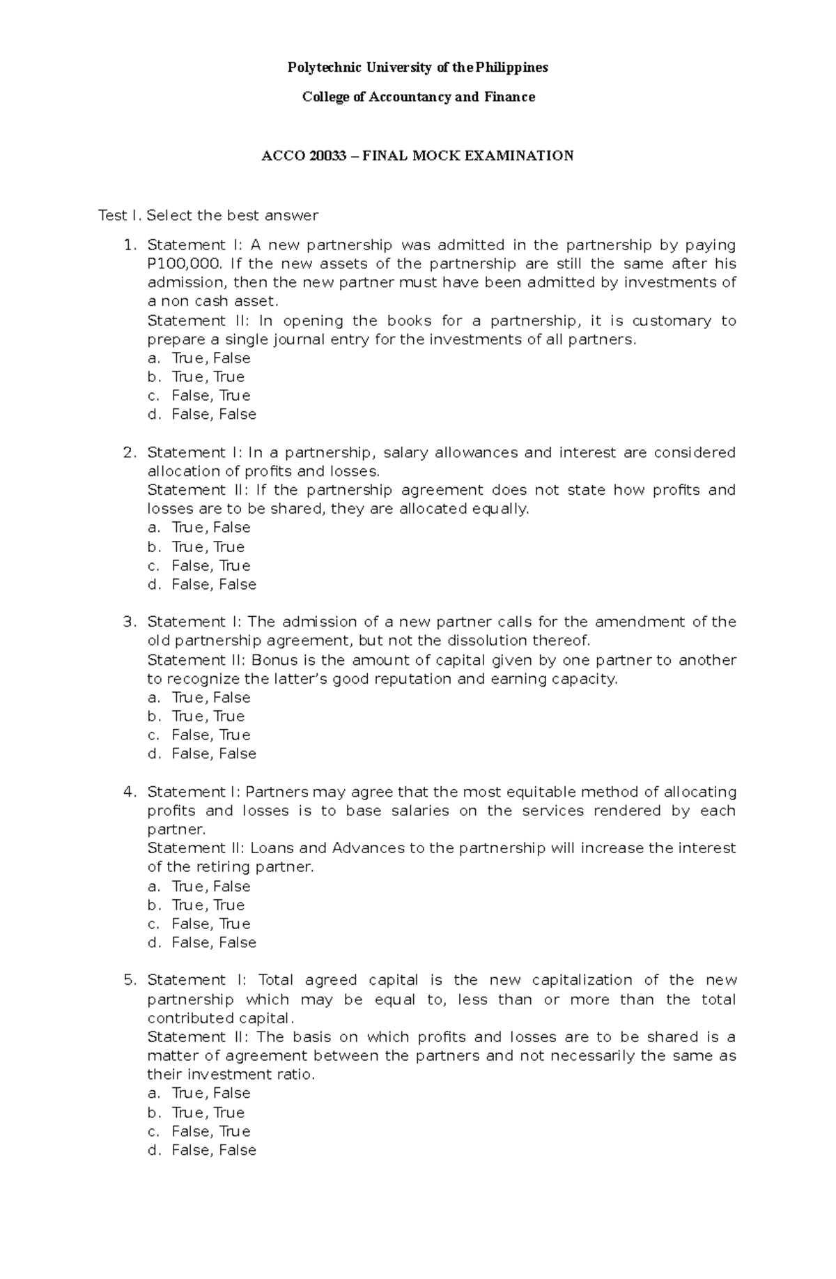 Mock-Exam - test material - Polytechnic University of the Philippines ...