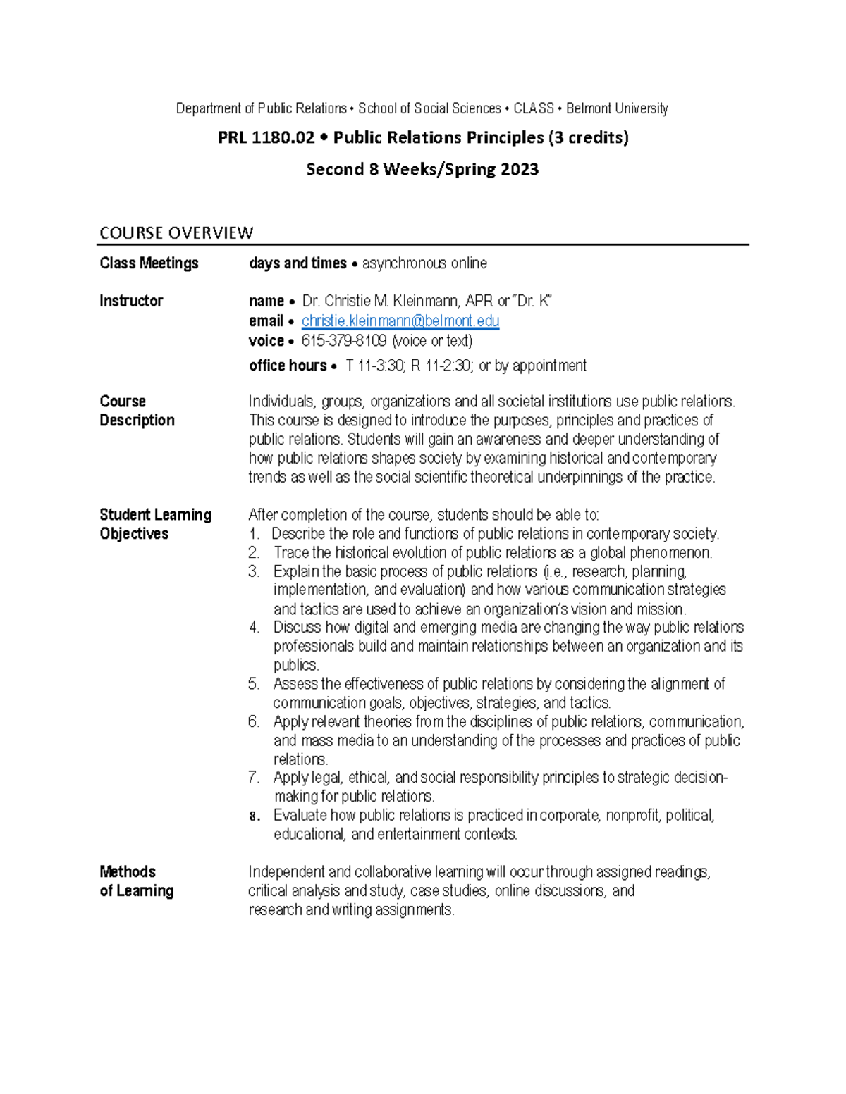 Public Relations Principles Syllabus - Department of Public Relations ...