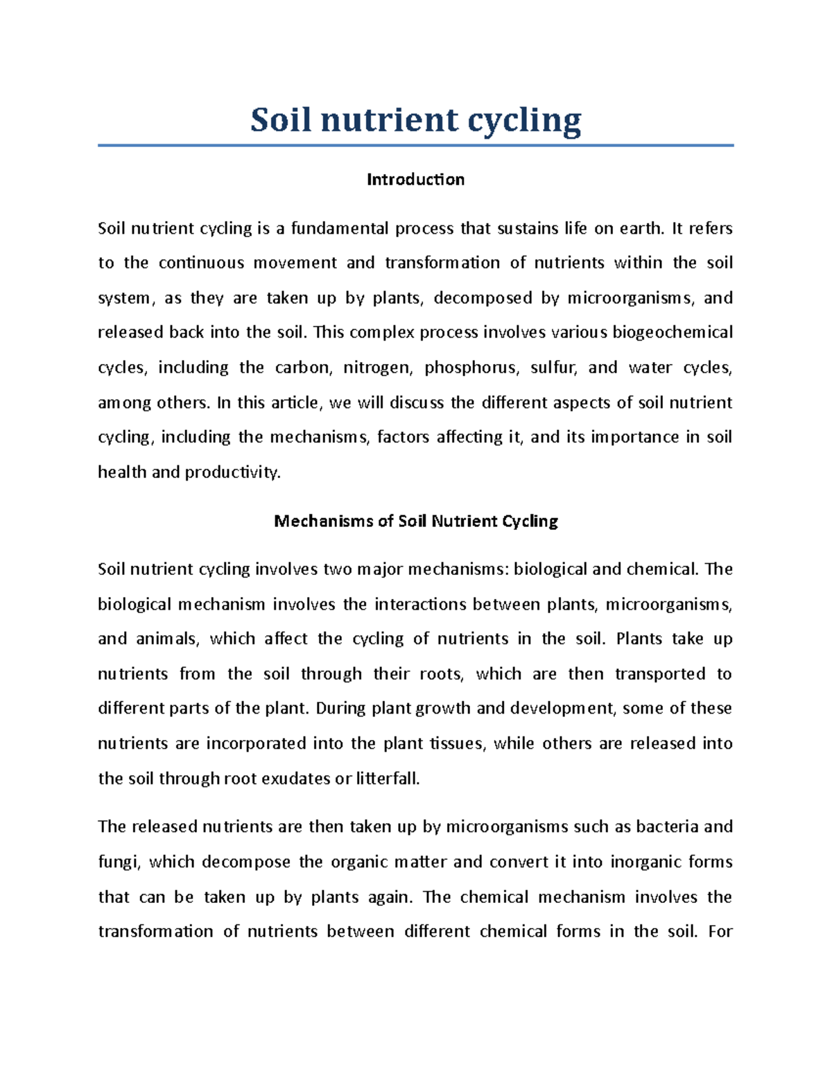 Soil nutrient cycling - Soil nutrient cycling Introduction Soil ...