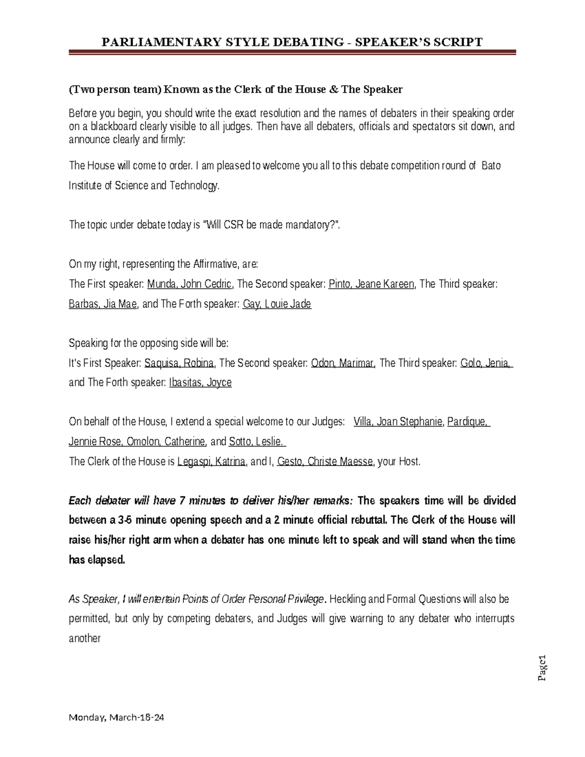 Judge-Script - Page 1 PARLIAMENTARY STYLE DEBATING - SPEAKER’S SCRIPT ...