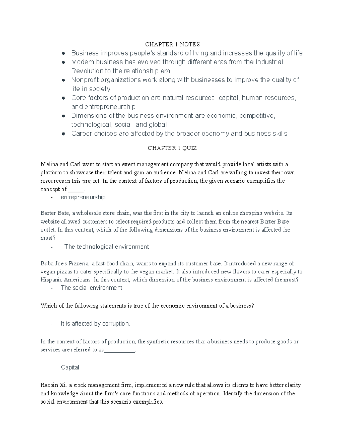Intro to bus notes chapter 1-4 - CHAPTER 1 NOTES Business improves ...