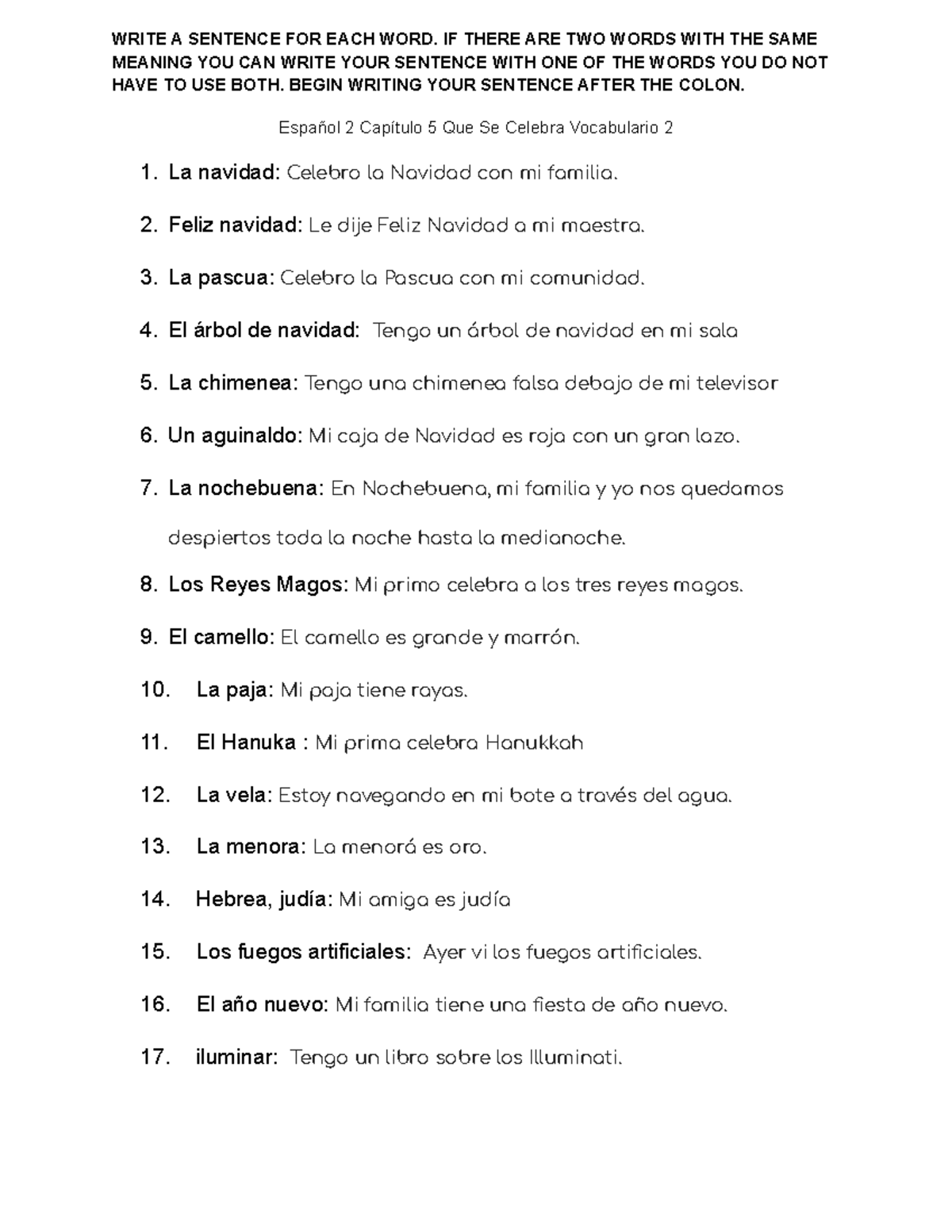 Bianca Diaz - Spanish 2 Ch.5 Vocabulary 2 Sentence Assignment - WRITE A ...