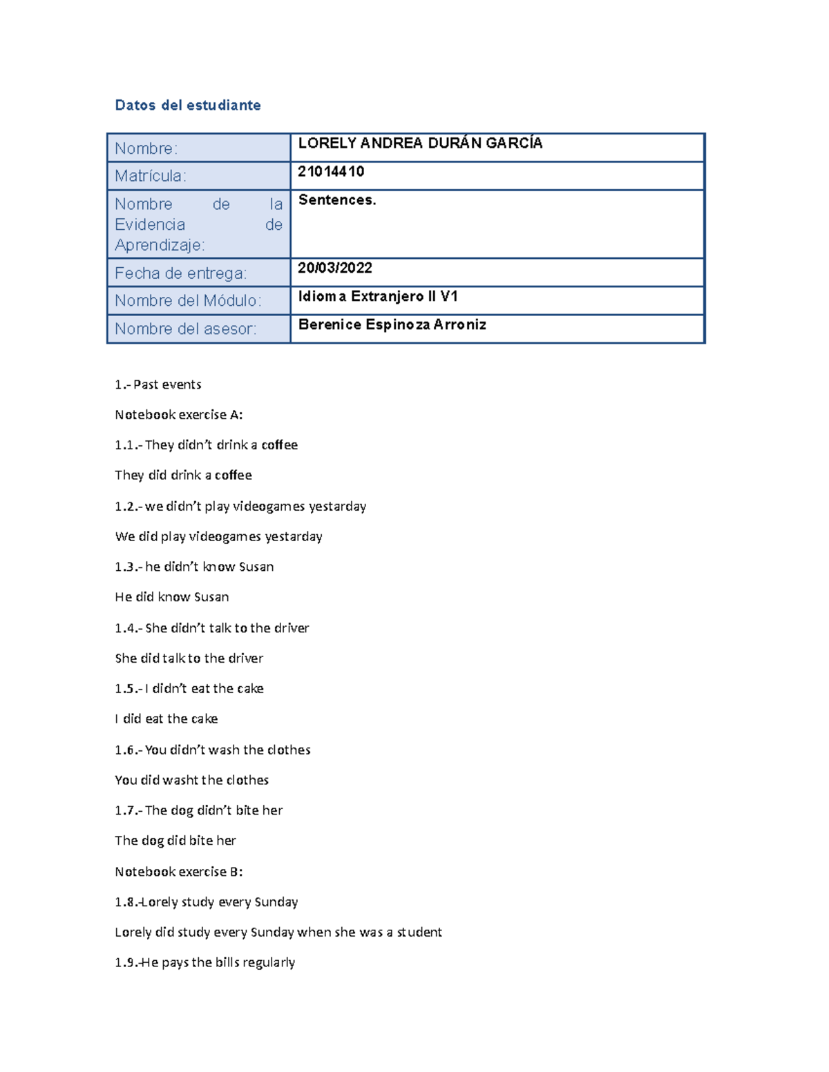 U2 Sentences trabajo 2 - ingles II - UVEG - Studocu