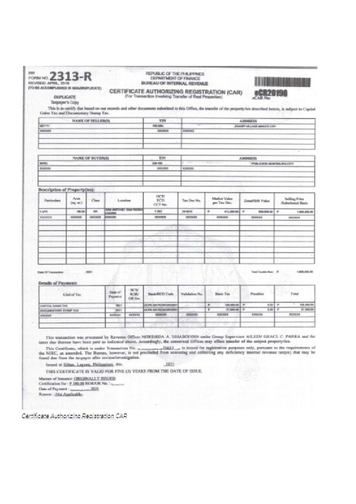 Certificate authorizing registration sample - per REPUBLIC OF THE ...