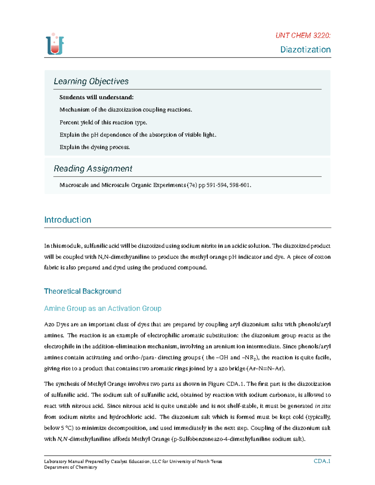 Pre lab notes and plan - UNT CHEM 3220: Diazotization Learning ...