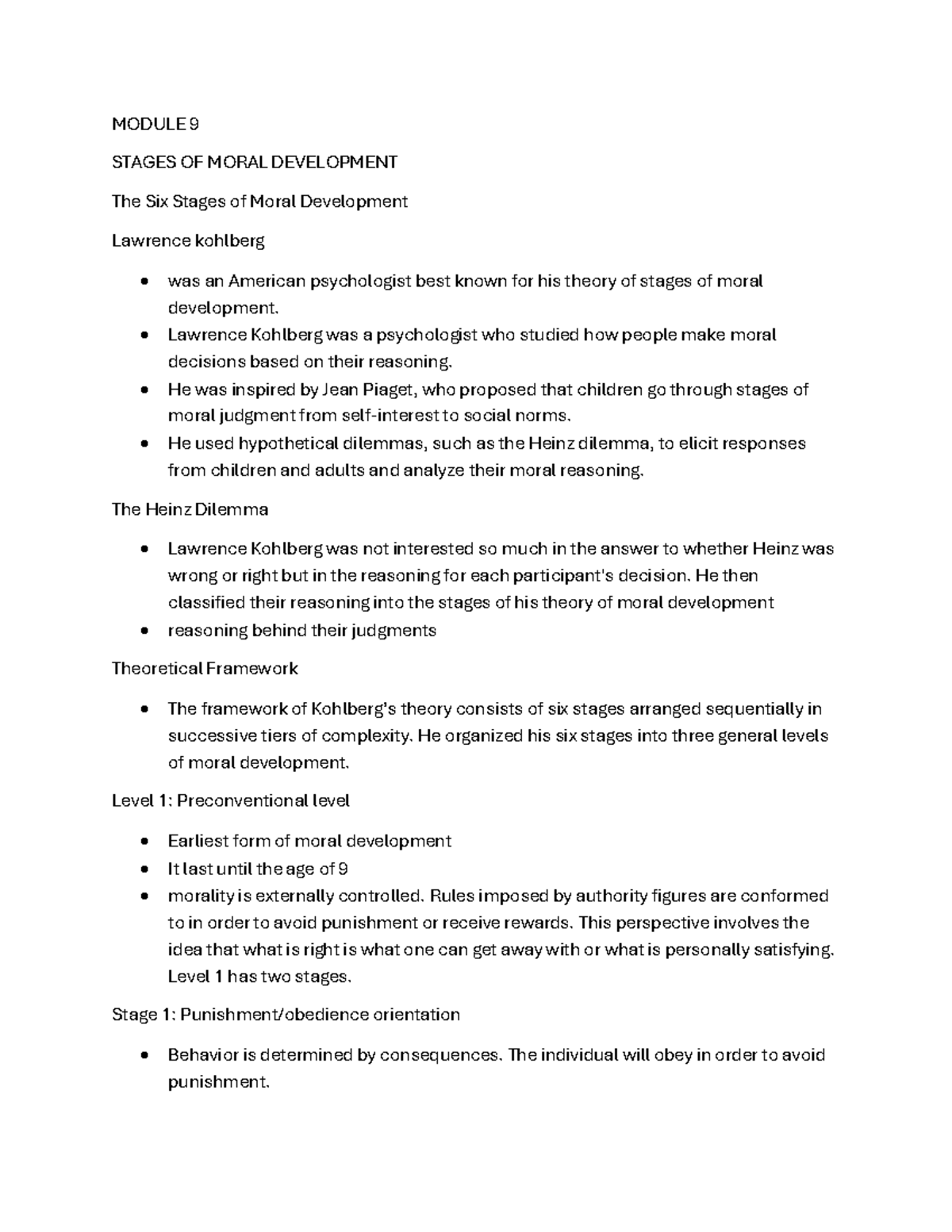 Module 9 - Summary Information Technology - MODULE 9 STAGES OF MORAL DEVELOPMENT The Six Stages ...